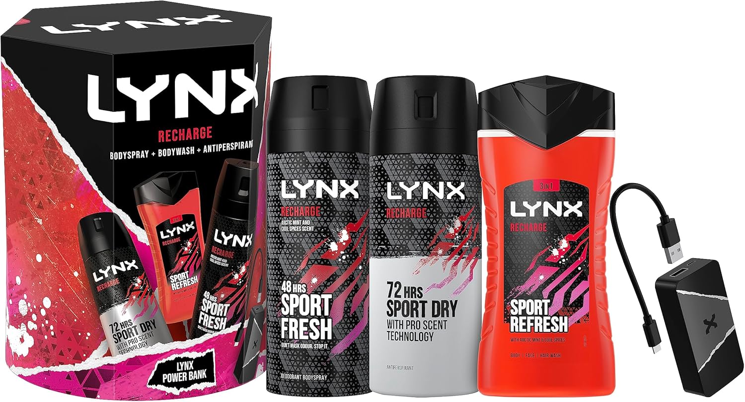 LYNX Recharge Trio & Power Bank Deodorant Gift Set Body Wash, Body ...