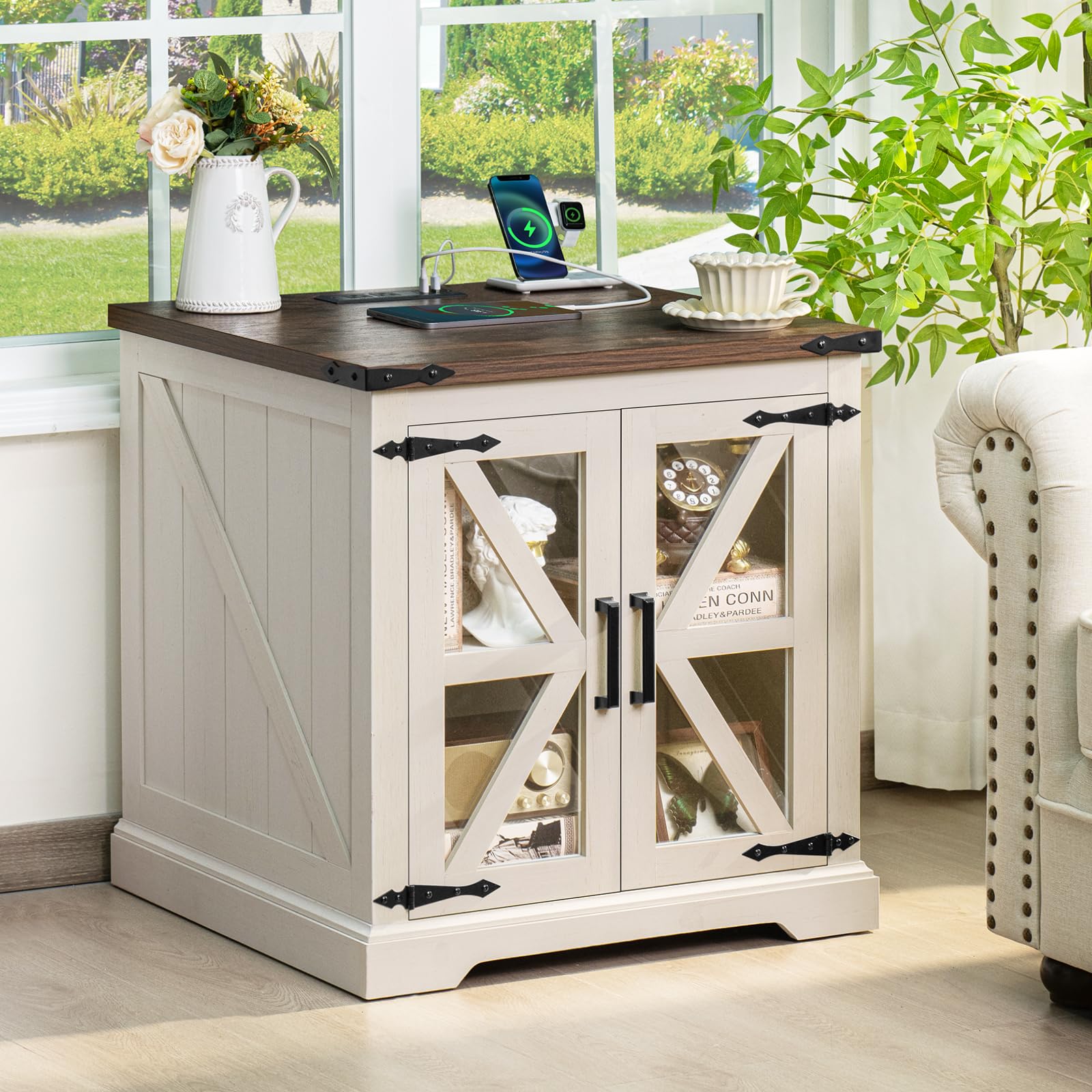 Joaxswe 24" End Table with Charging Station, Farmhouse Night Stand with ...