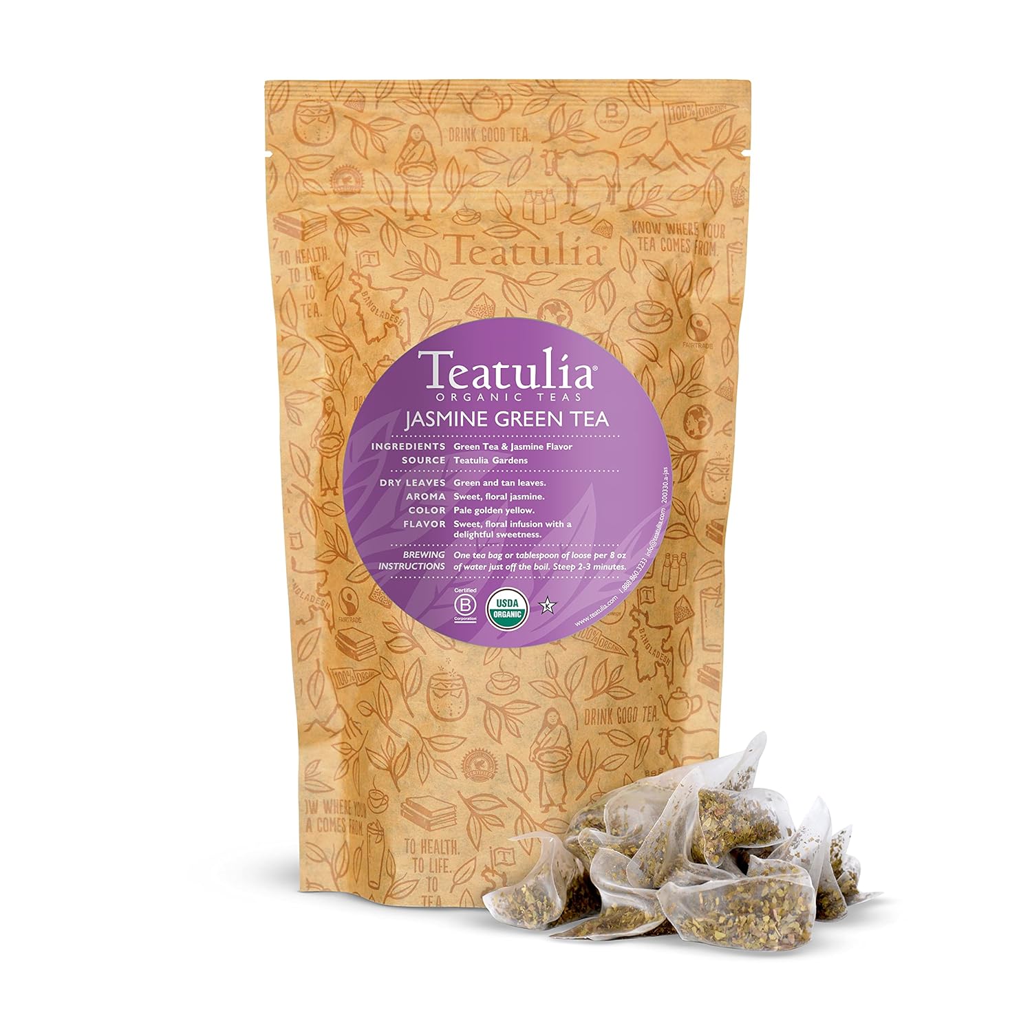 Amazon.com : Teatulia Organic Jasmine Green Tea Bags (50 Pyramid Tea ...