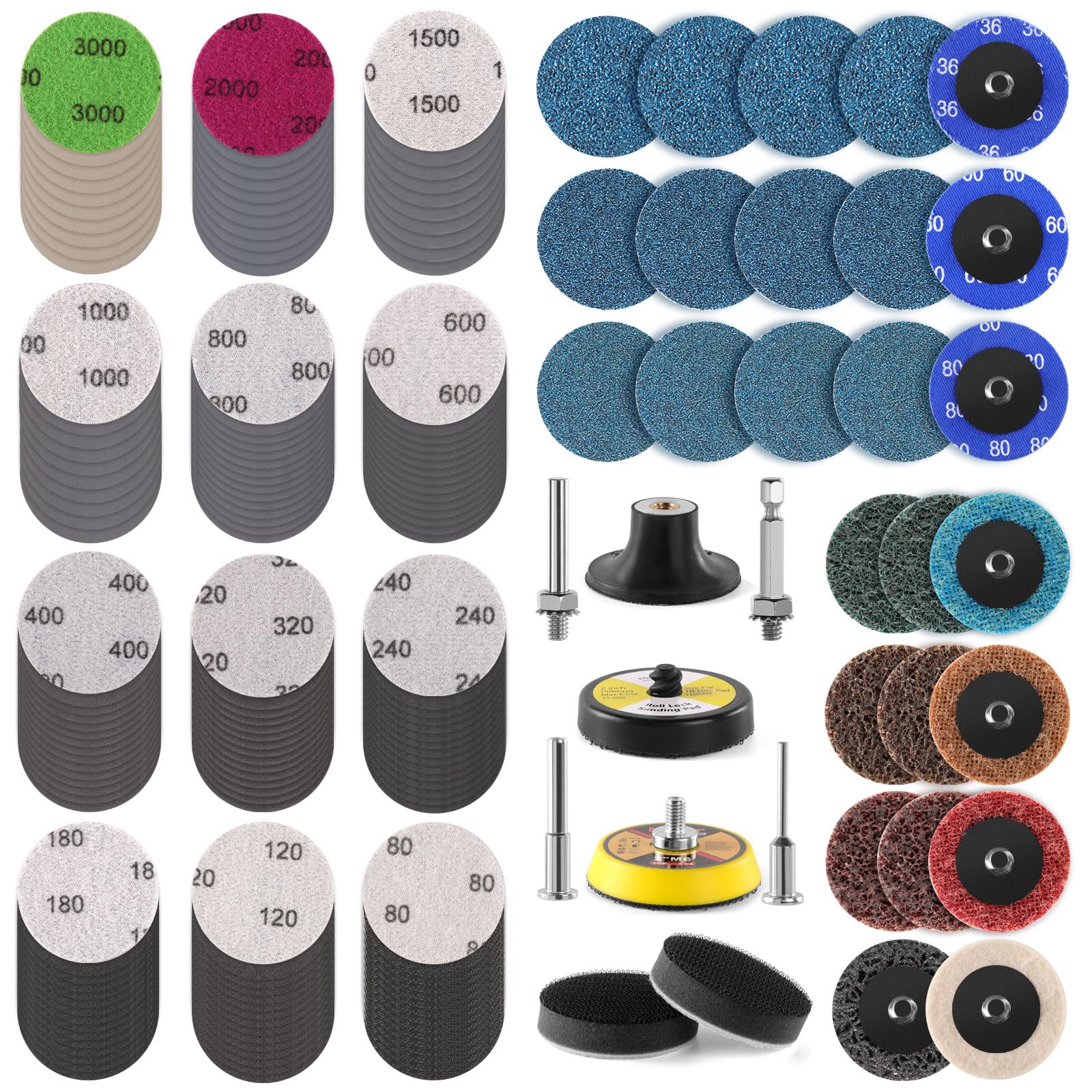 POLIWELL 2 Inch Sanding Discs Hook and Loop Variety Kit 80-3000 Grit ...