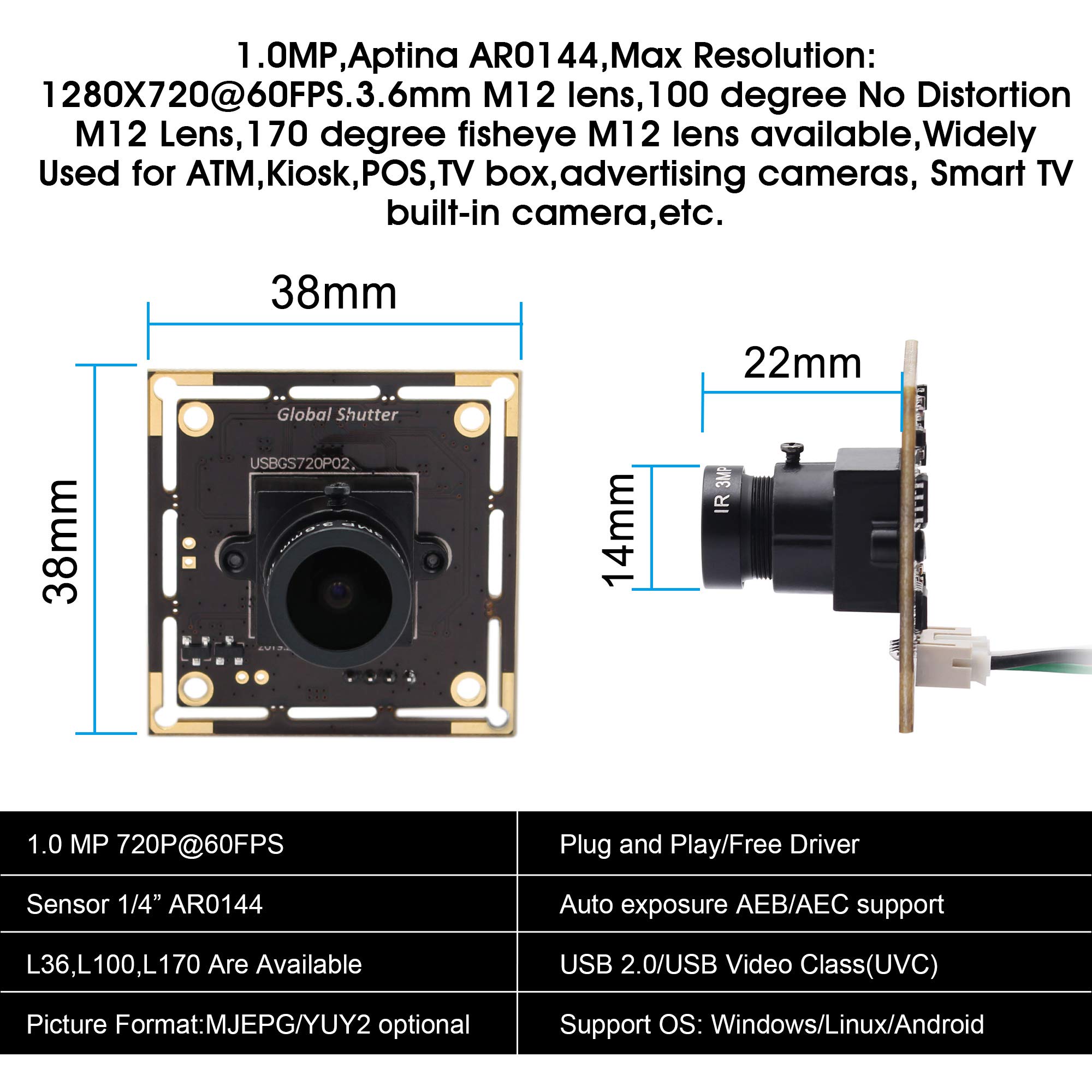 Buy Global Shutter USB Camera Module Wide Angle 720P 60FPS USB Webcam Board for Computer Mini ...
