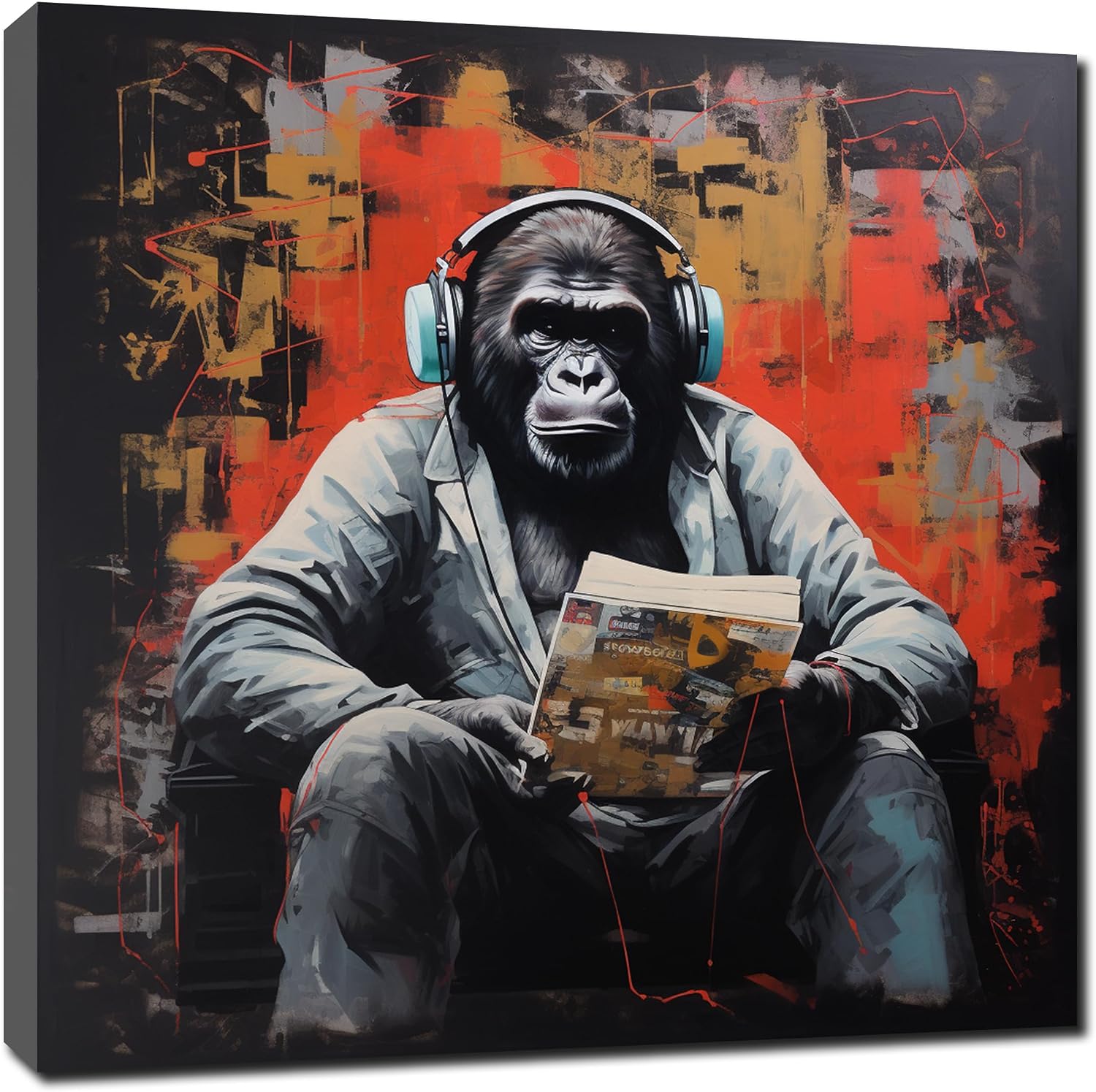 Amazon.com: Black Chimpanzee Canvas Wall Art/Cute Animals Listening ...