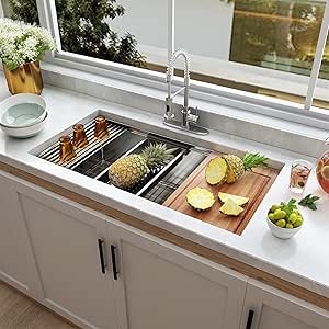 CASAINC Workstation Kitchen Sink， 36 * 19 * 10 Handmade Undermount ...