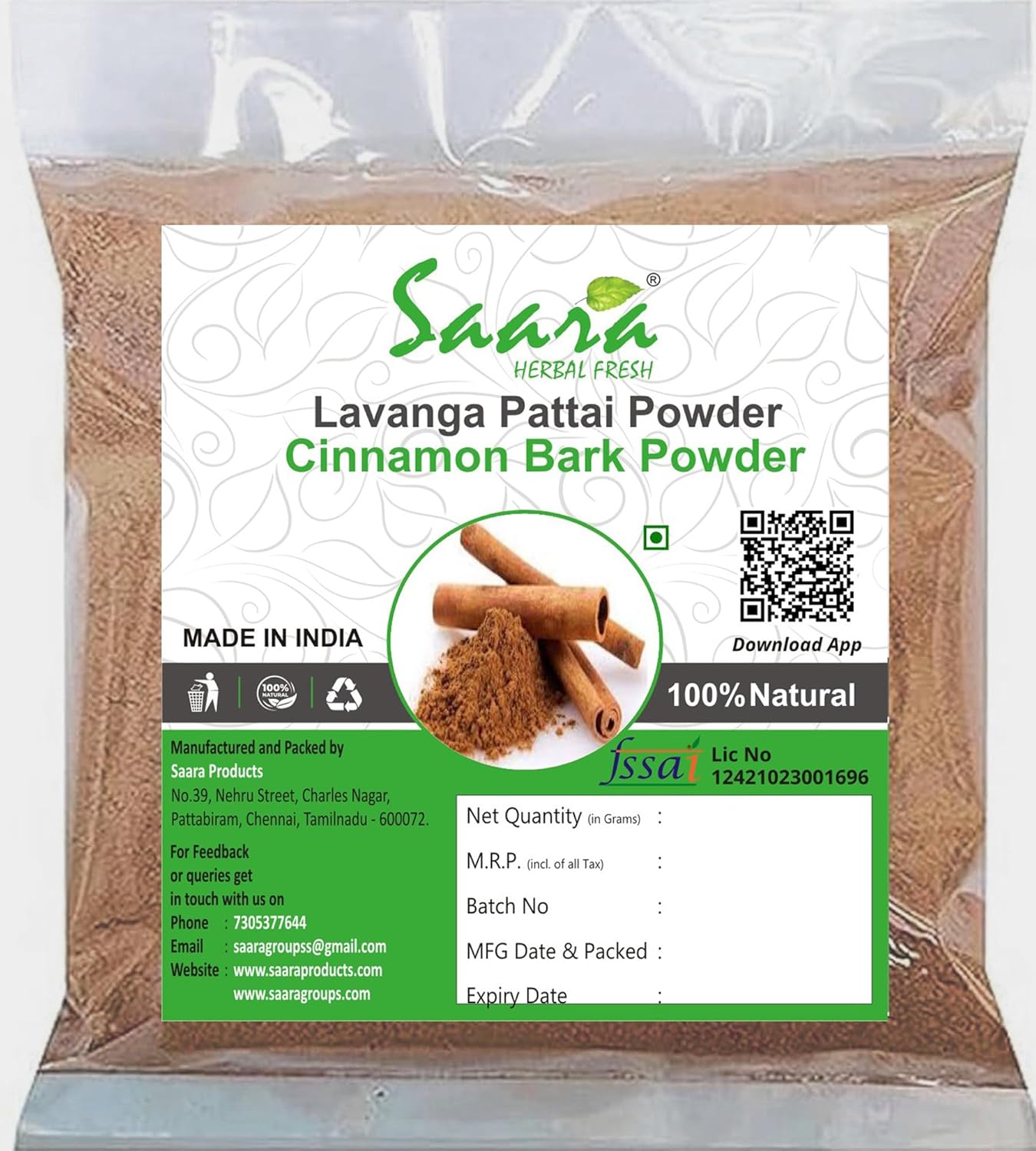 Saara HERBAL FRESH Lavanga Pattai Powder,100g, Cinnamon Bark Powder ...