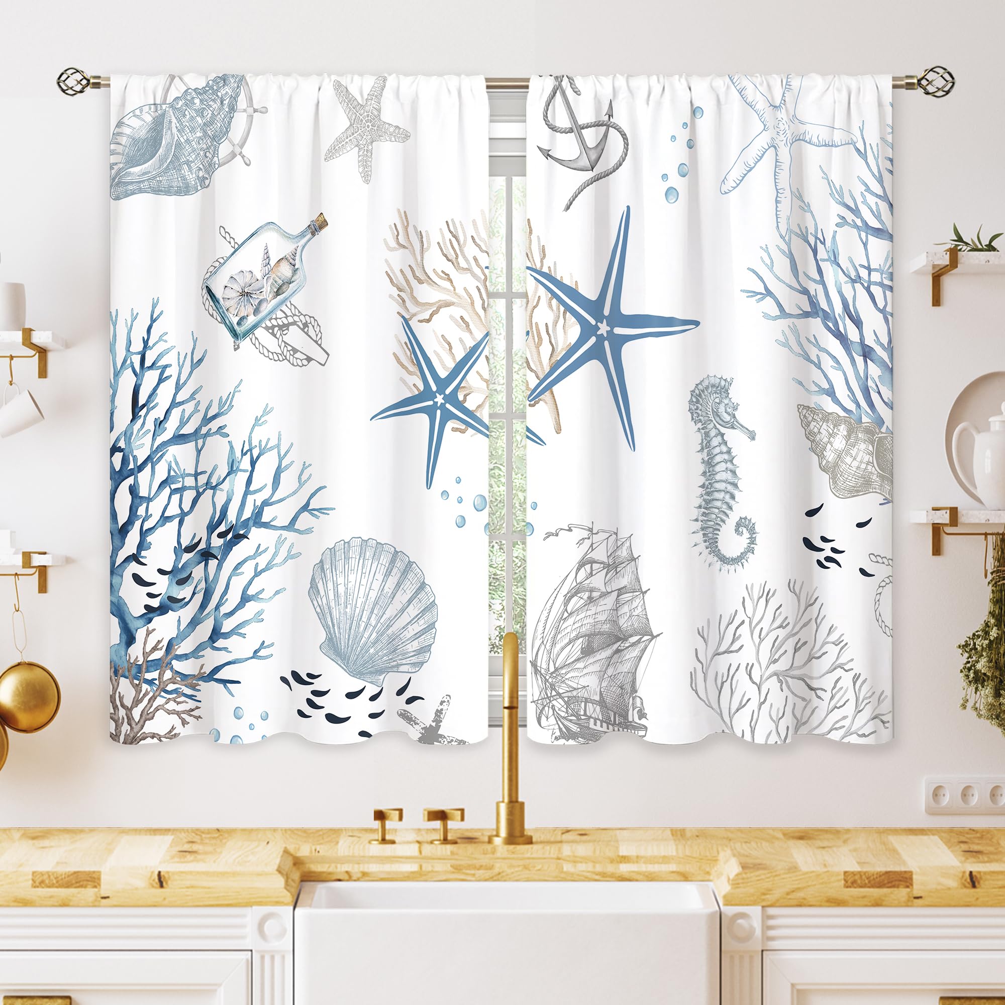Amazon.com: oolygoo Blue Ocean Beach Kitchen Curtains Nautical Coastal ...