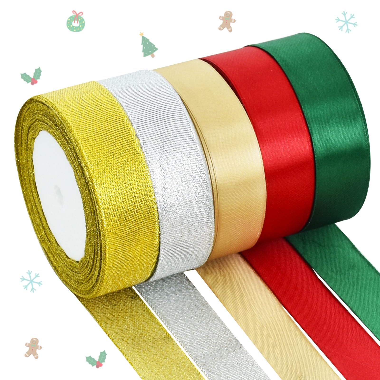Amazon.com: TONIFUL 5 colors Christmas Ribbon, 1 Inch x 125 yds Satin ...