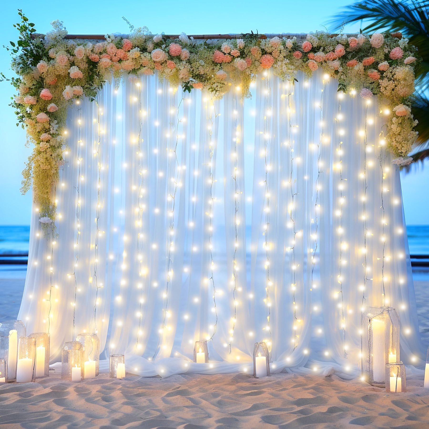 Amazon.com : 4 Panels White Sheer Tulle Backdrop Curtains with Lights ...