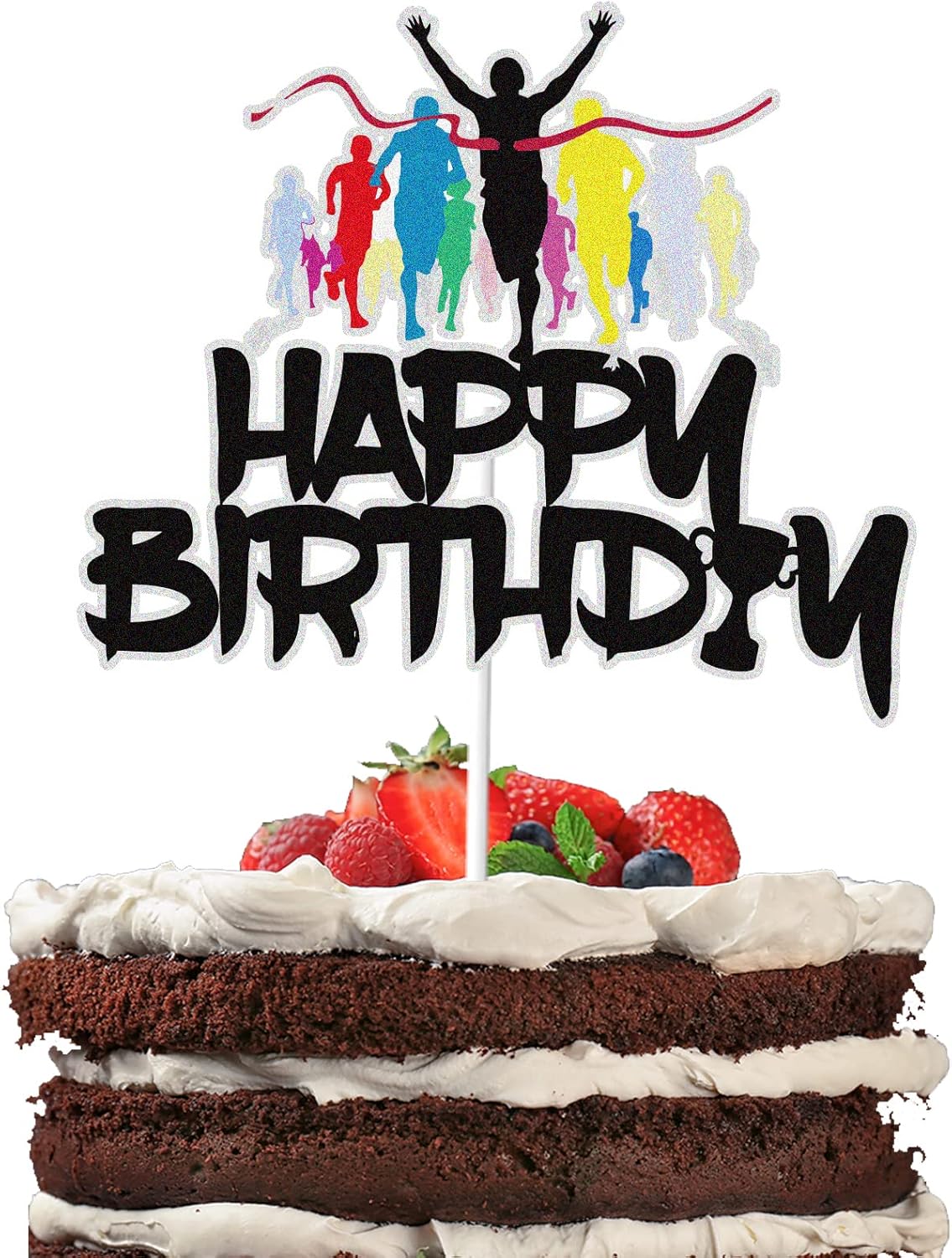 Amazon.com: Marathon Happy Birthday Cake Topper Black Glitter Athletics ...
