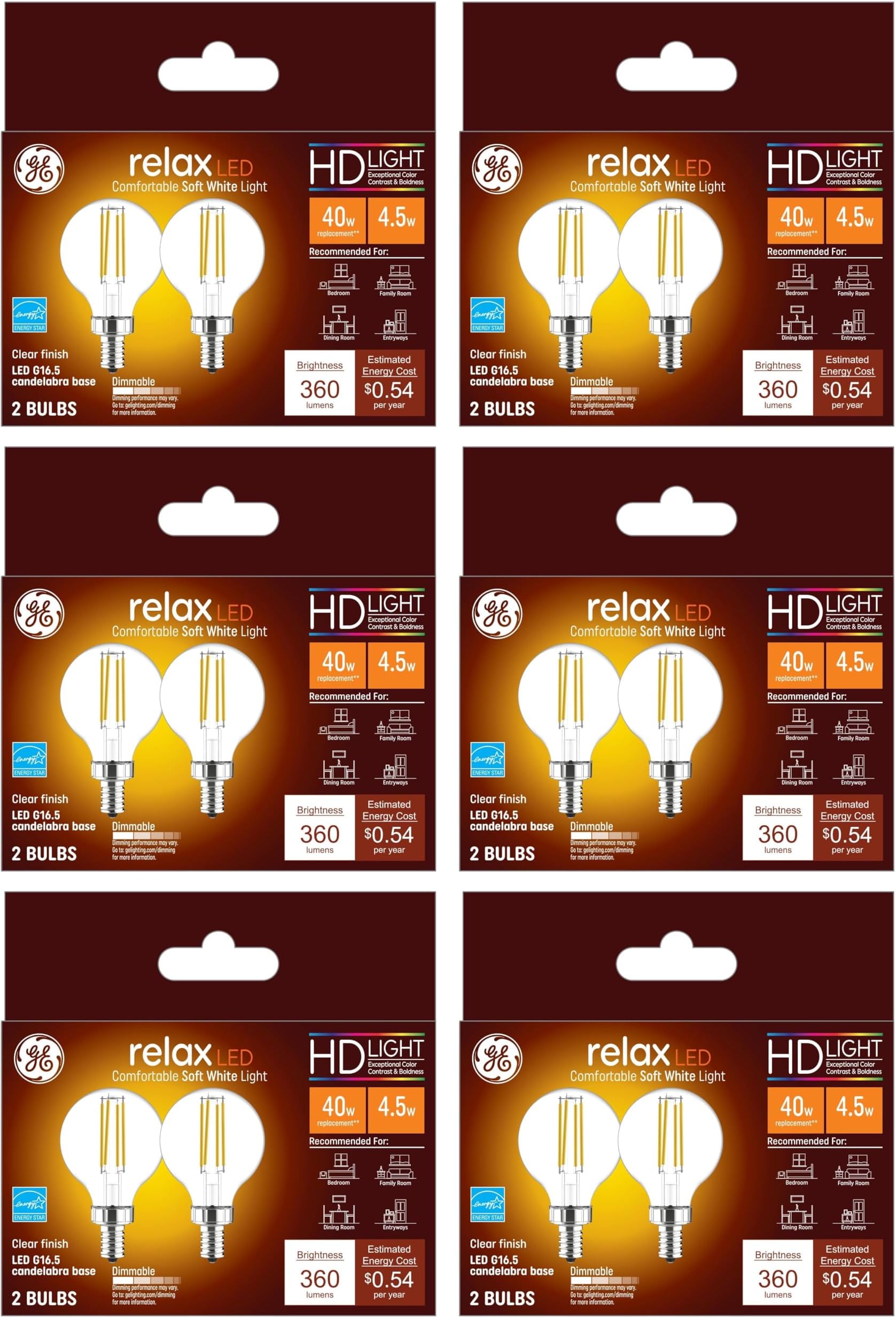 GE (12 Bulbs) 42290 Relax LED Soft White, Dimmable G16.5 Globe Light ...