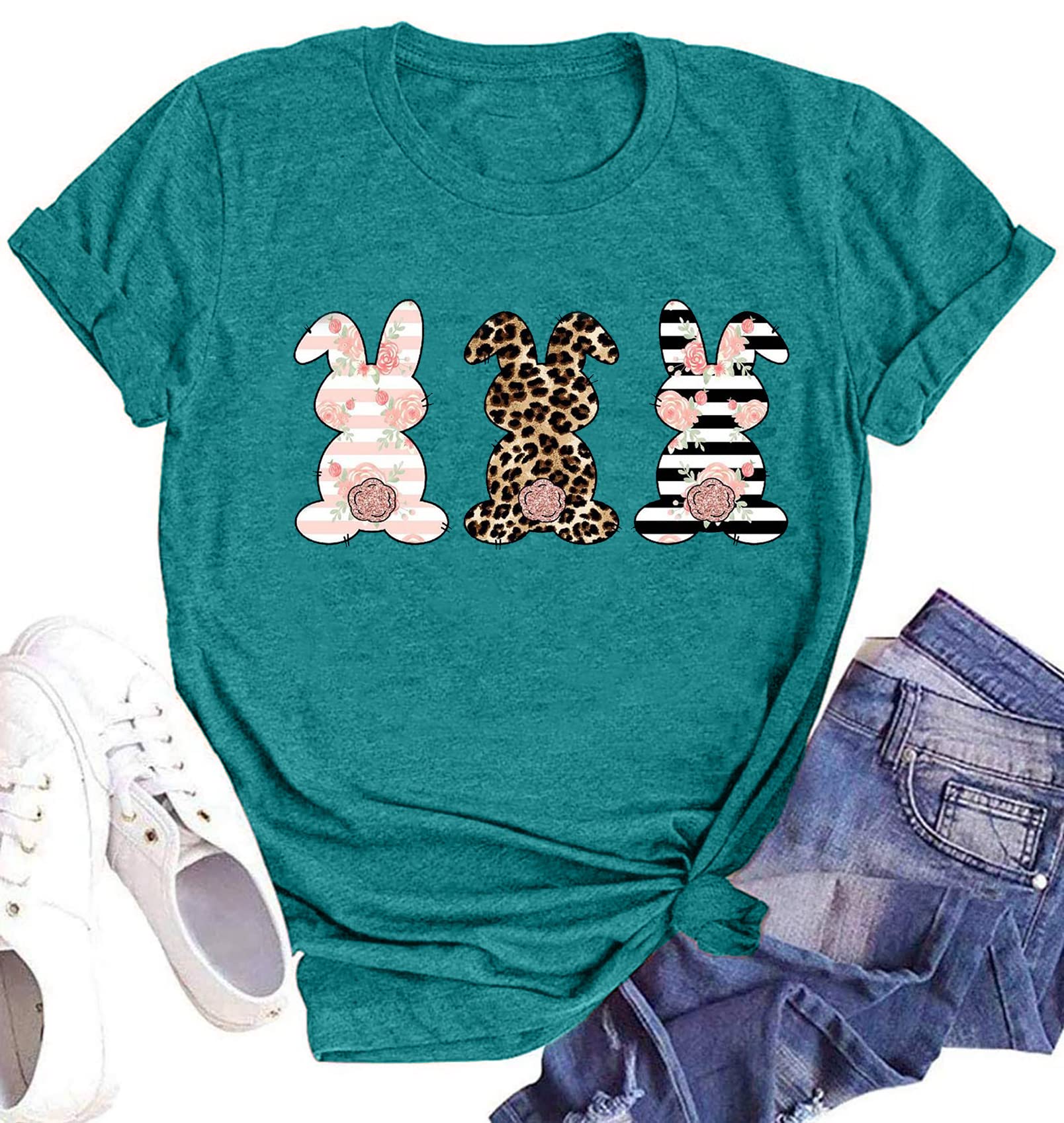 Leopard Easter Bunny T-Shirt for Women Floral Striped Rabbit Shirts ...
