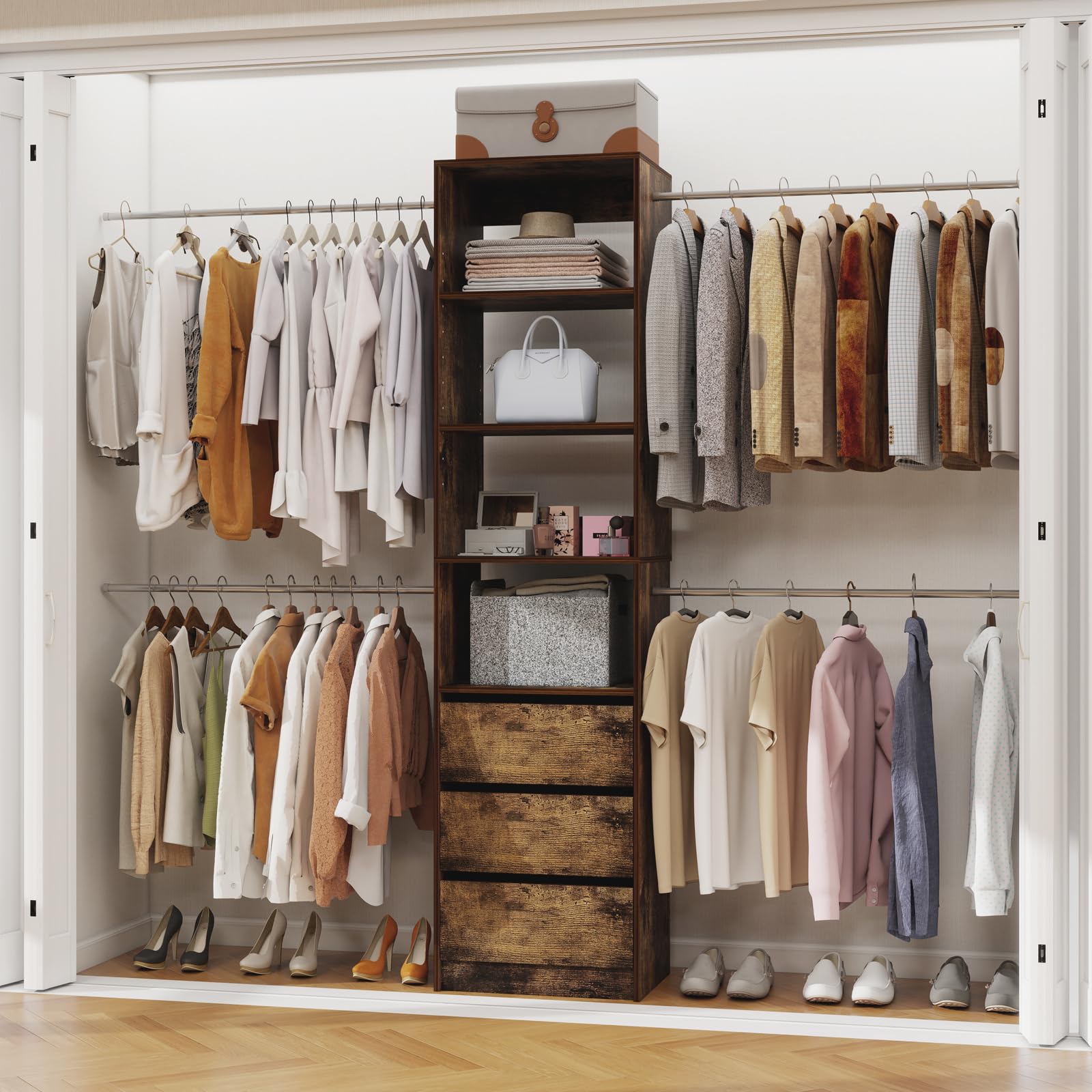 Amazon.com: Secilix Closet System with 3 Drawers, 8FT Wooden Closet ...
