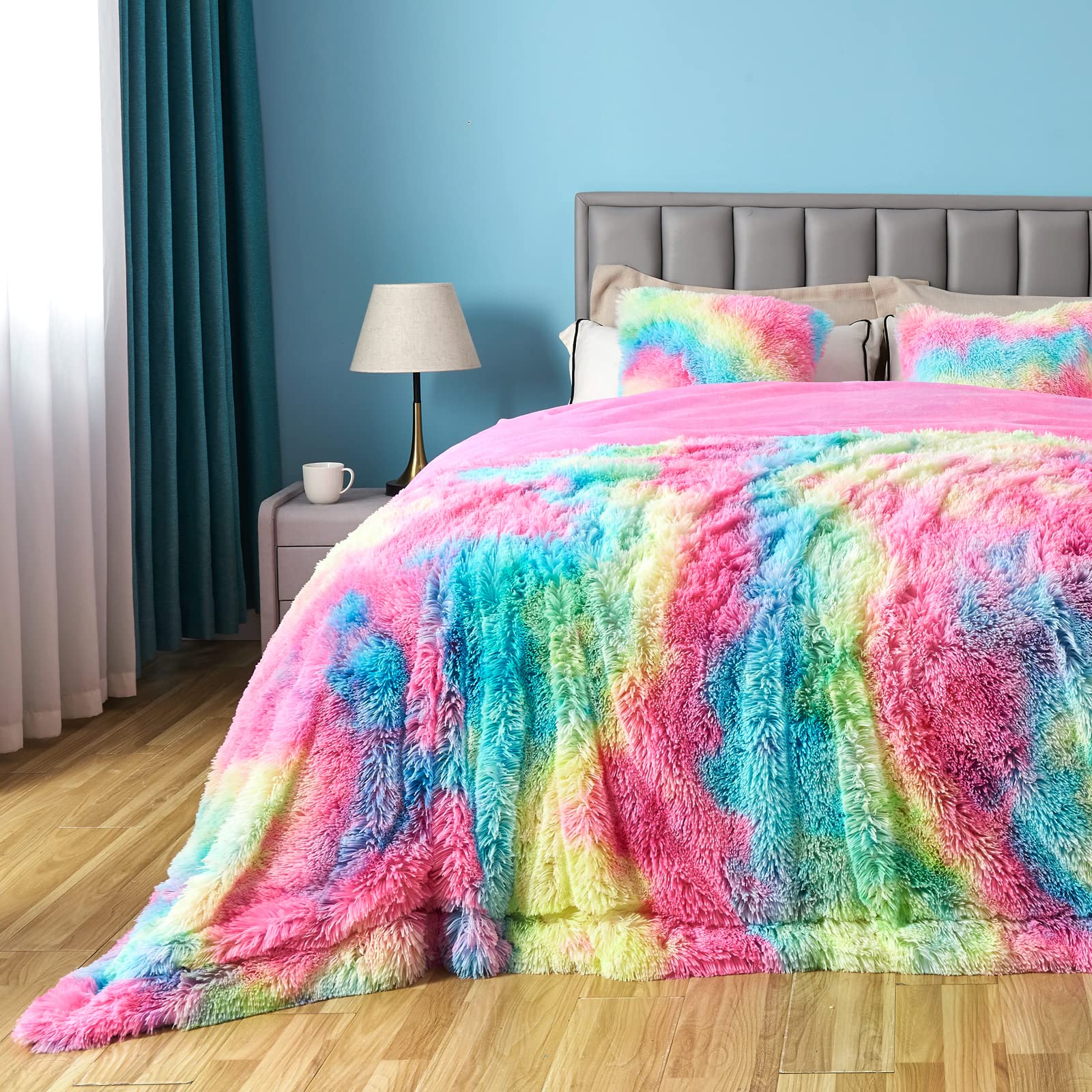 Amazon.com: GONAAP Fuzzy Faux Fur Throw Blanket Queen Size Dark Rainbow ...