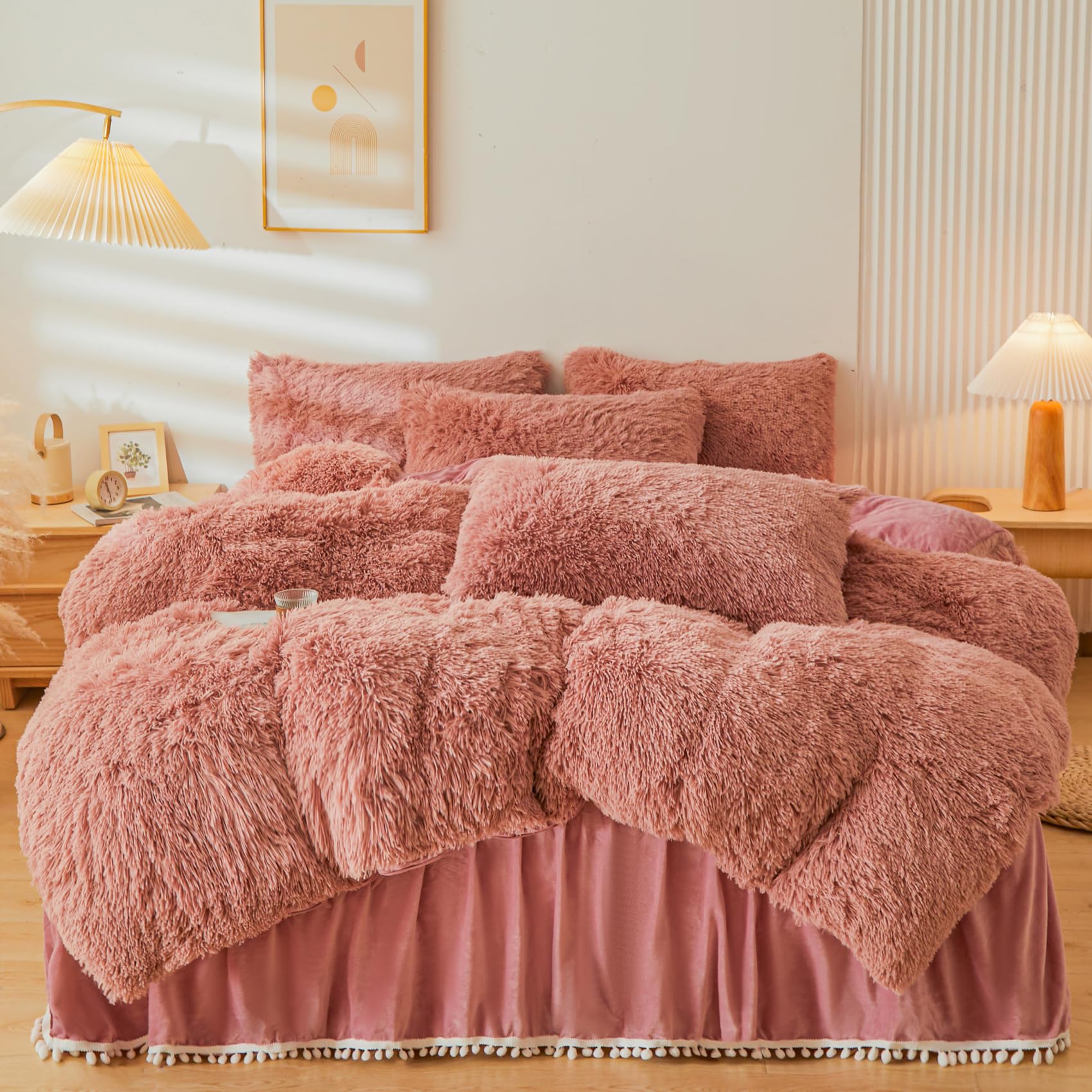 Amazon.com: ERLOXO Fluffy Dusty Rose Faux Fur Comforter Cover Set ...