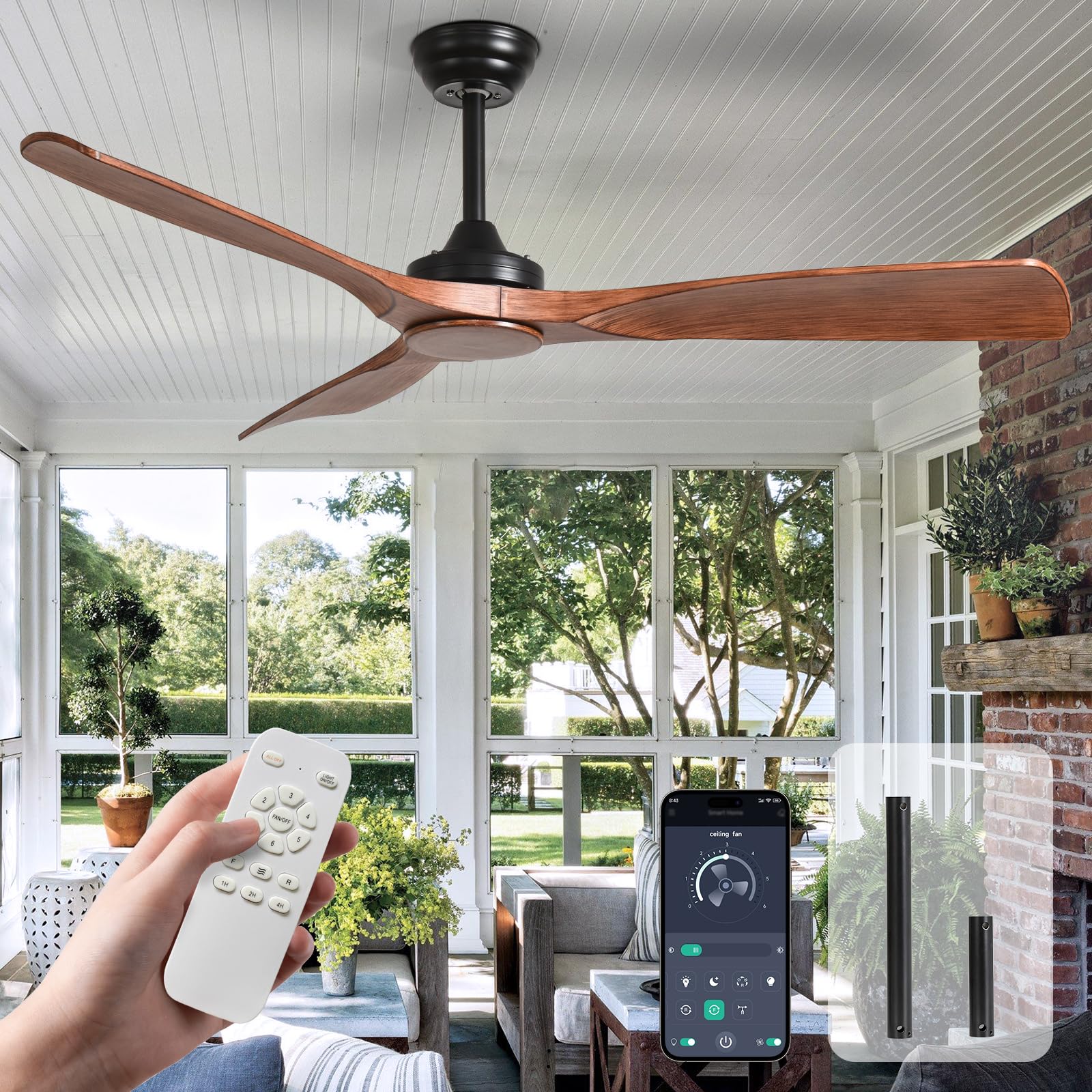 Modern Outdoor Ceiling Fan with Remote: 52" Low Profile Ceiling Fan No ...