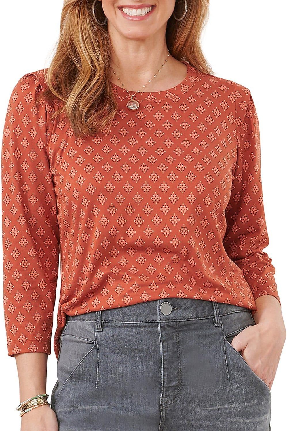 Democracy Womens 3/4 Sleeve Shoulder Flange Print Knit Top Medium Cayen ...