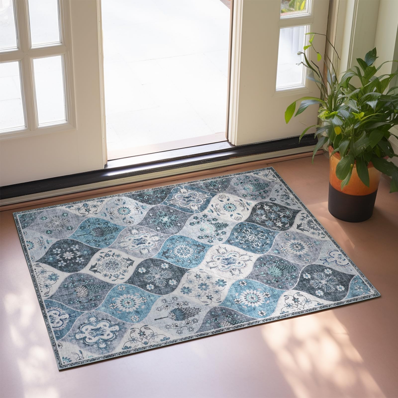 Xfrog Moroccan Floral Area Rug, 60x110cm Entryway Rug Non-Slip Washable ...