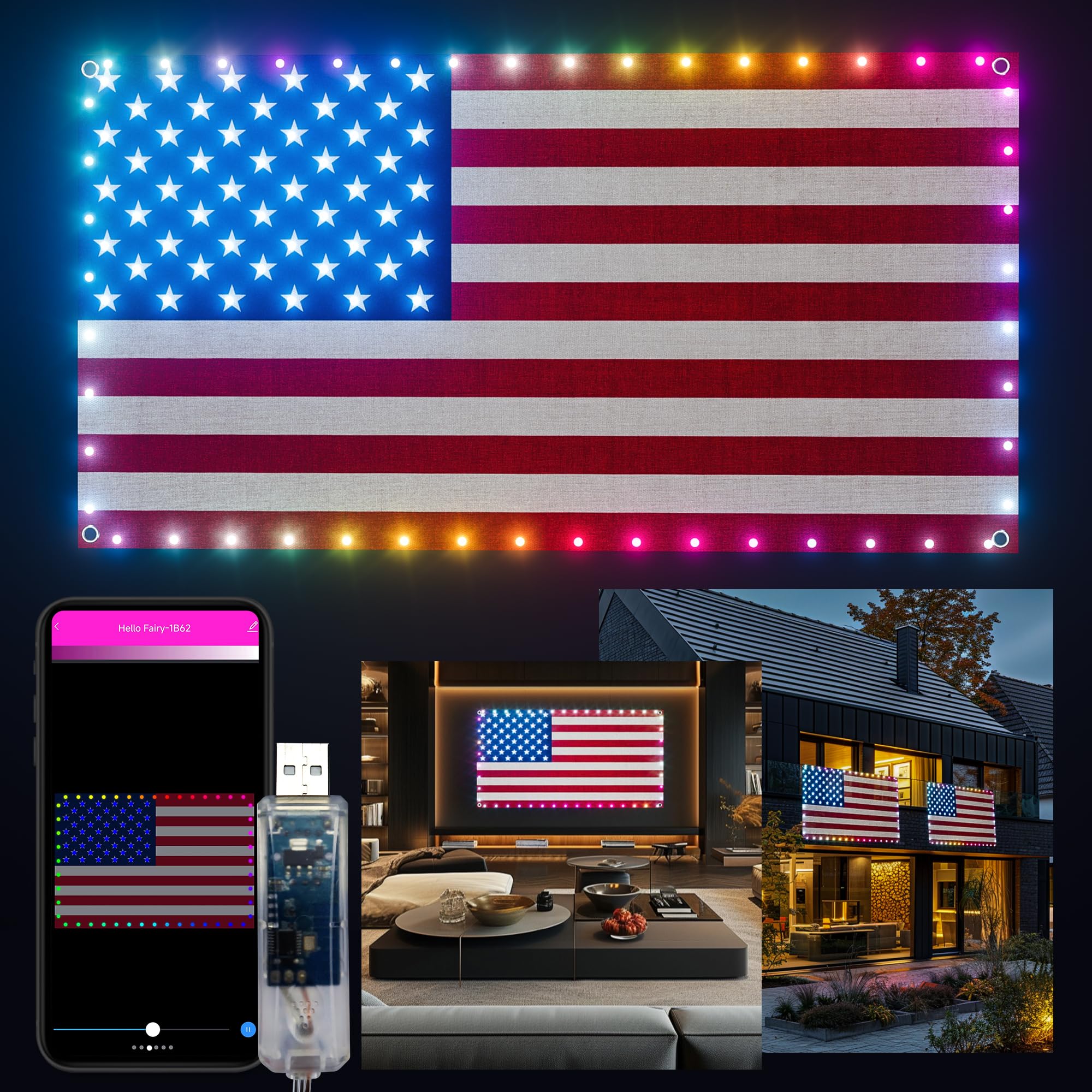 Amazon.com: Lphianx American Flag Light with 98 RGB LEDs, 10 Flash Mode ...
