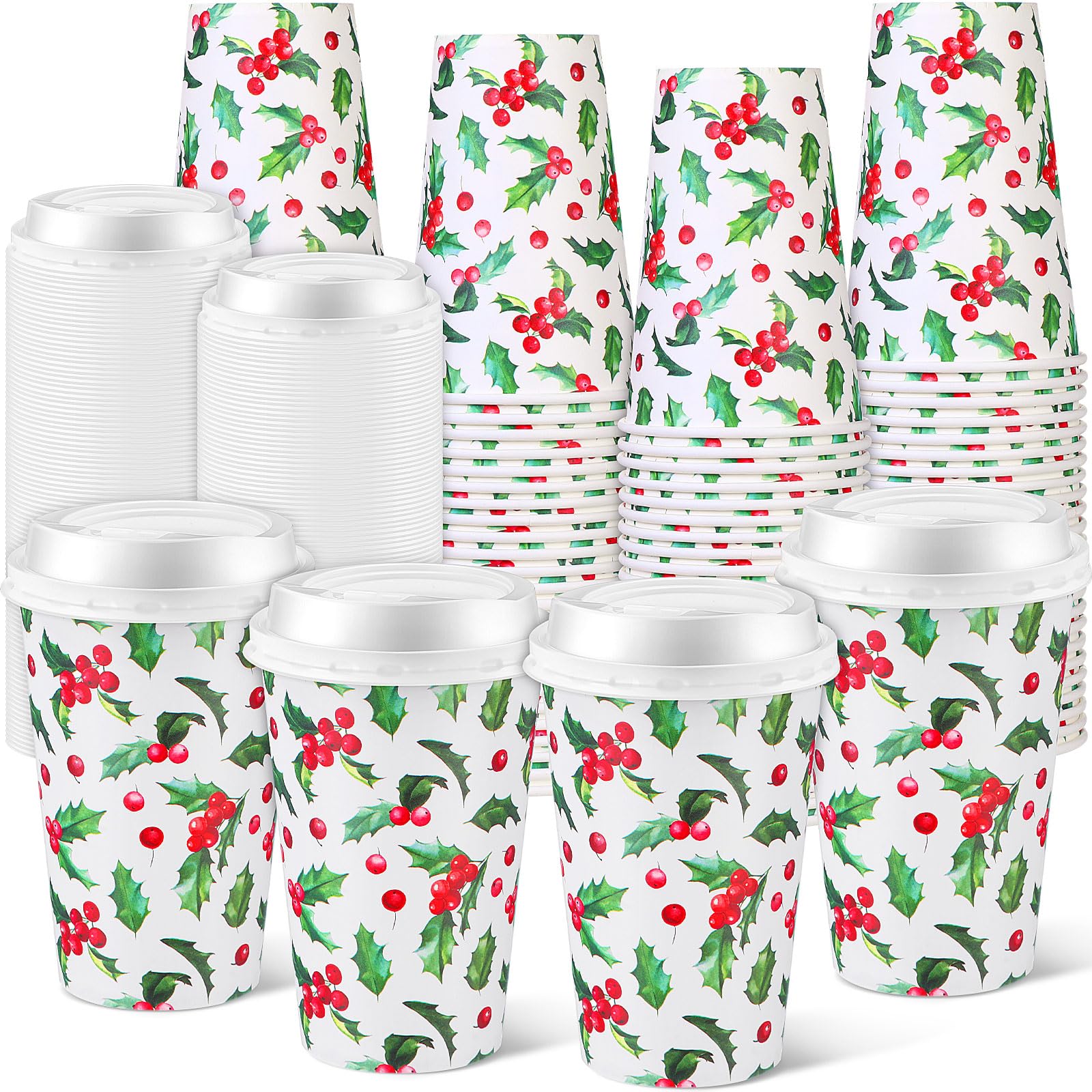 Amazon.com: Fullhawl 100 Set Christmas Paper Coffee Cups with Lids 12 ...