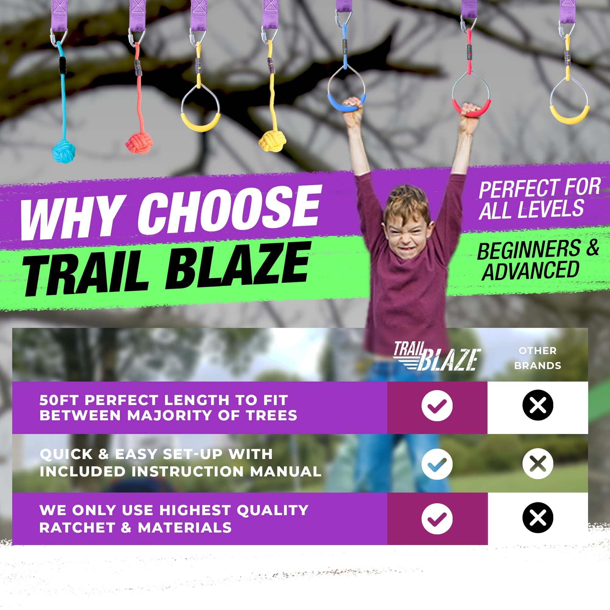 Trailblaze - Ninja Warrior Hanging Obstacle Course for Kids, 50 Feet ...