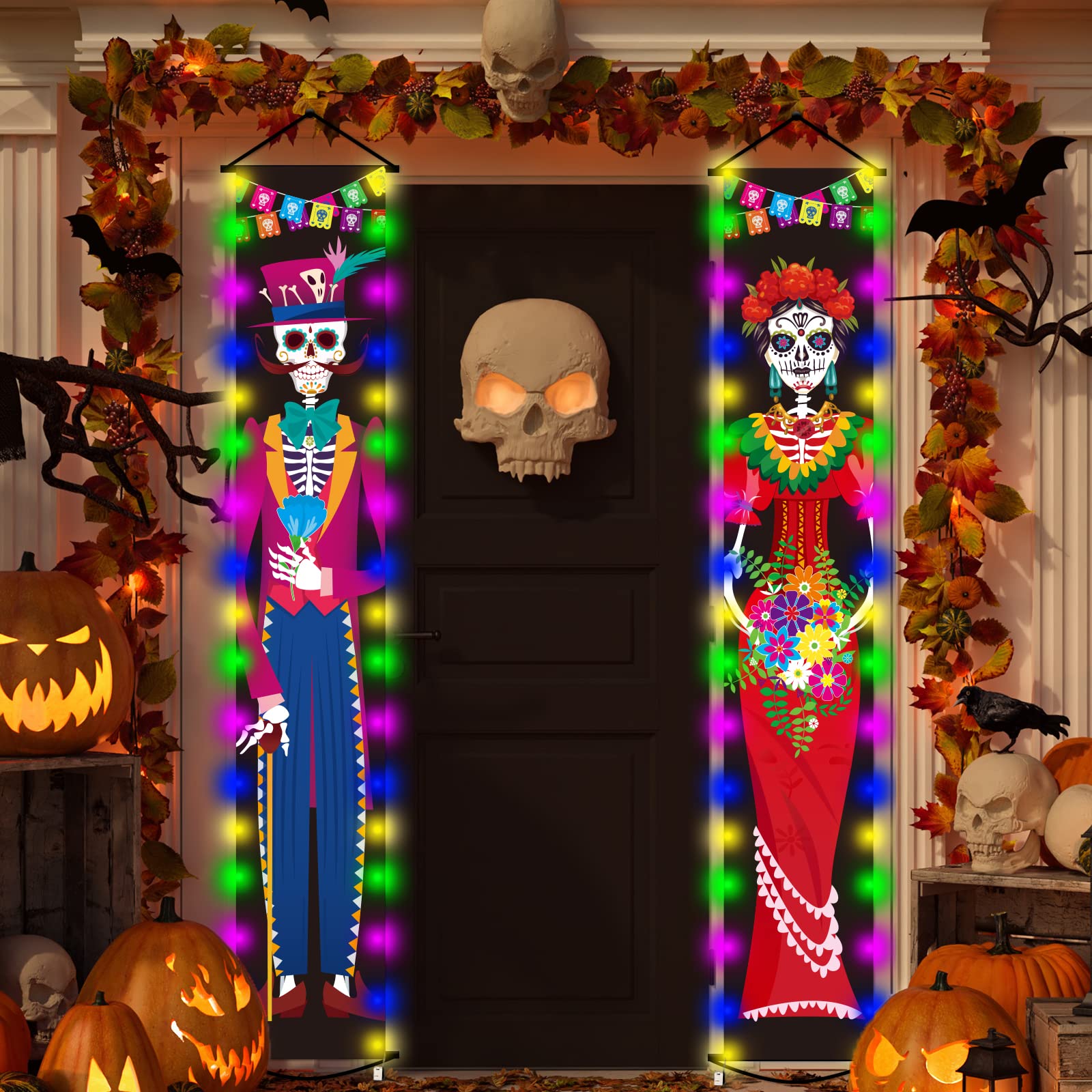 Buy Day of The Dead Door Banners Lighted Dia de Los Muertos Porch Sign ...