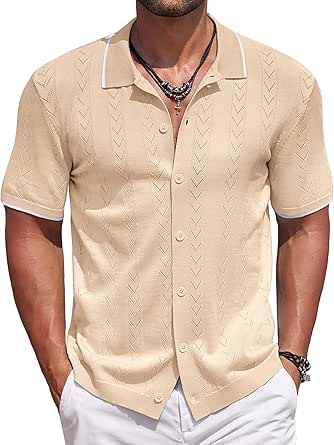 COOFANDY Mens Knit Polo Shirts Button Down Short Sleeve Shirt Summer Casual Beach Vacation Tops ...