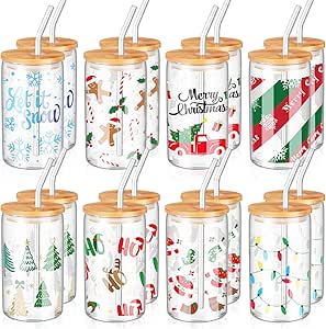 Amazon.com: Maxcheck 16 Pcs Christmas Glass Cups 16 oz Iced Coffee Cup ...