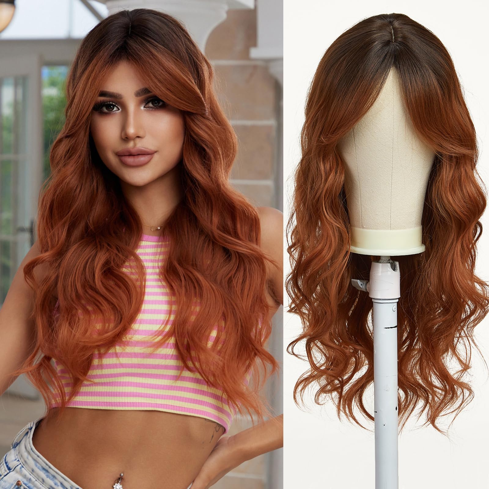 Esmee Long Wavy Ombre Ginger Auburn Wigs for Women Natuaral Synthetic ...