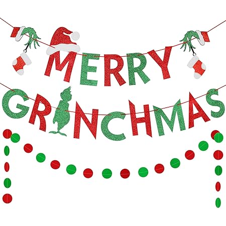 Amazon.com: Red and Green Glitter Merry Grinchmas Banner Grinch ...