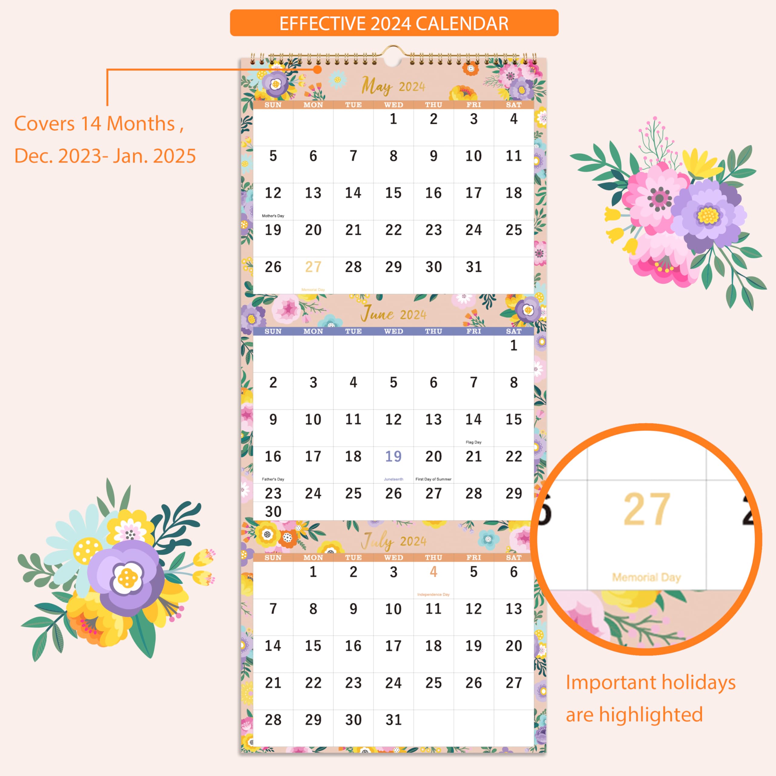 Snapklik.com : 2024 Wall Calendar - 3-Month Display Vertical Calendar