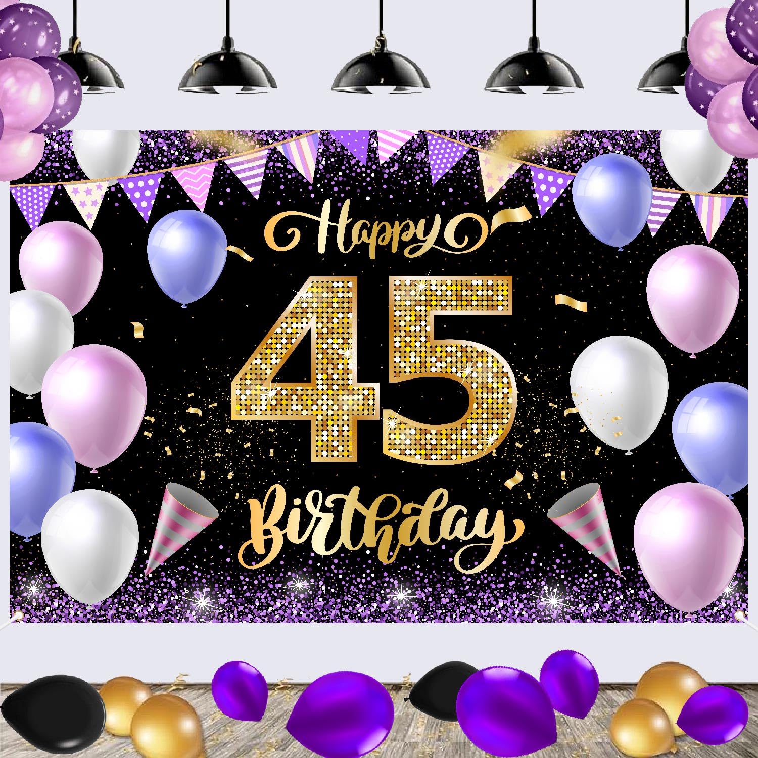Amazon.com: Happy 45th Birthday Banner Backdrop Black Gold Theme Shiny ...