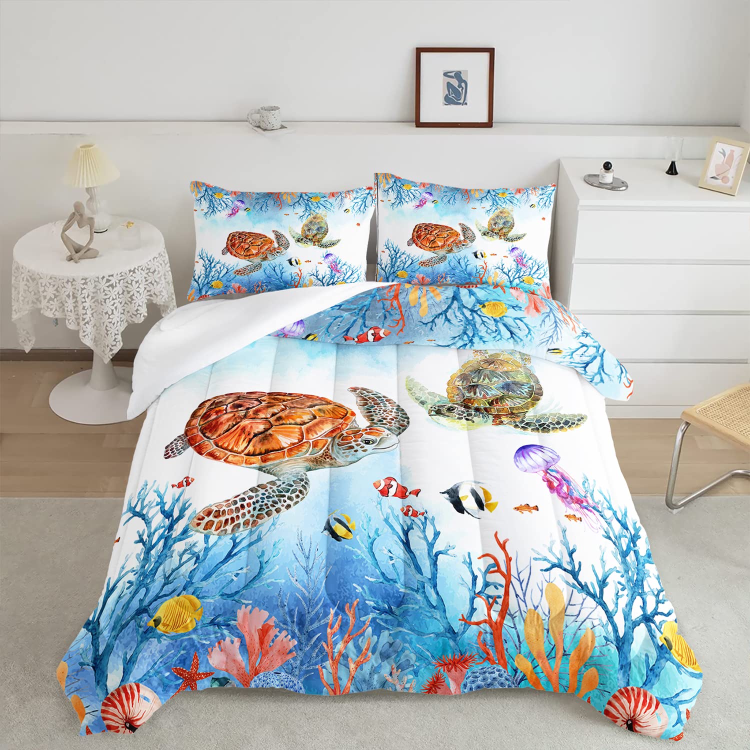 Amazon.com: CVHOUSE Sea Turtle Comforter Set,Ocean Watercolor Sea ...