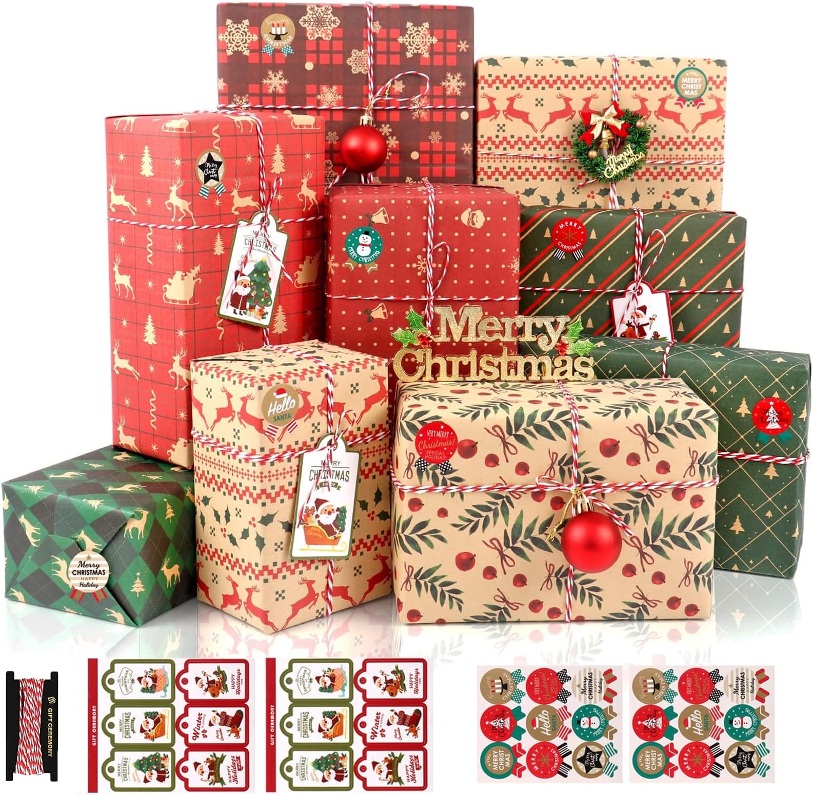 Tiokkss Christmas Wrapping Paper, 8 Sheets Gift Wrapping Paper Bundle ...