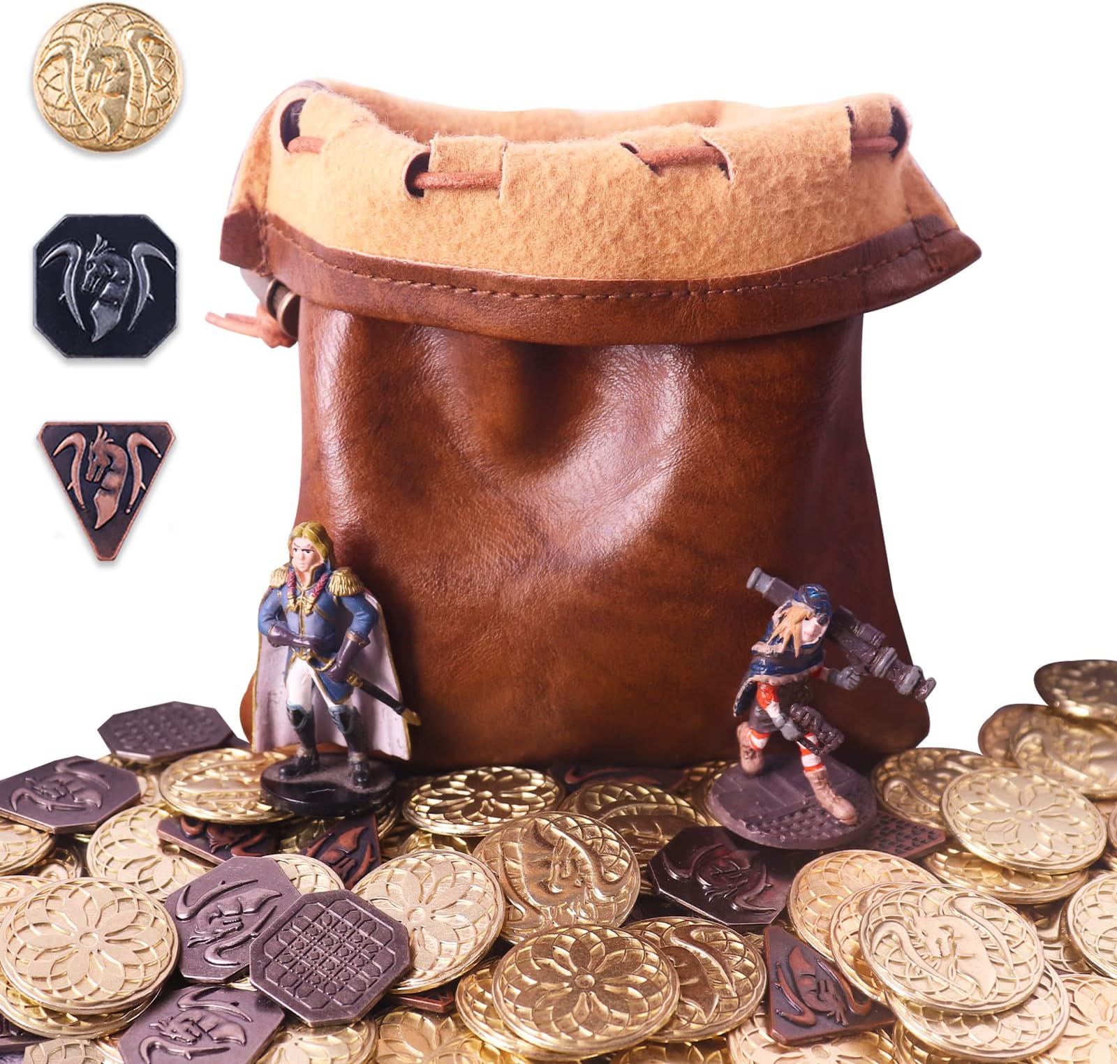 145PCS Metal DND Coins & Leather Bag, Contains 60 Gold Coins, 40 Sliver ...