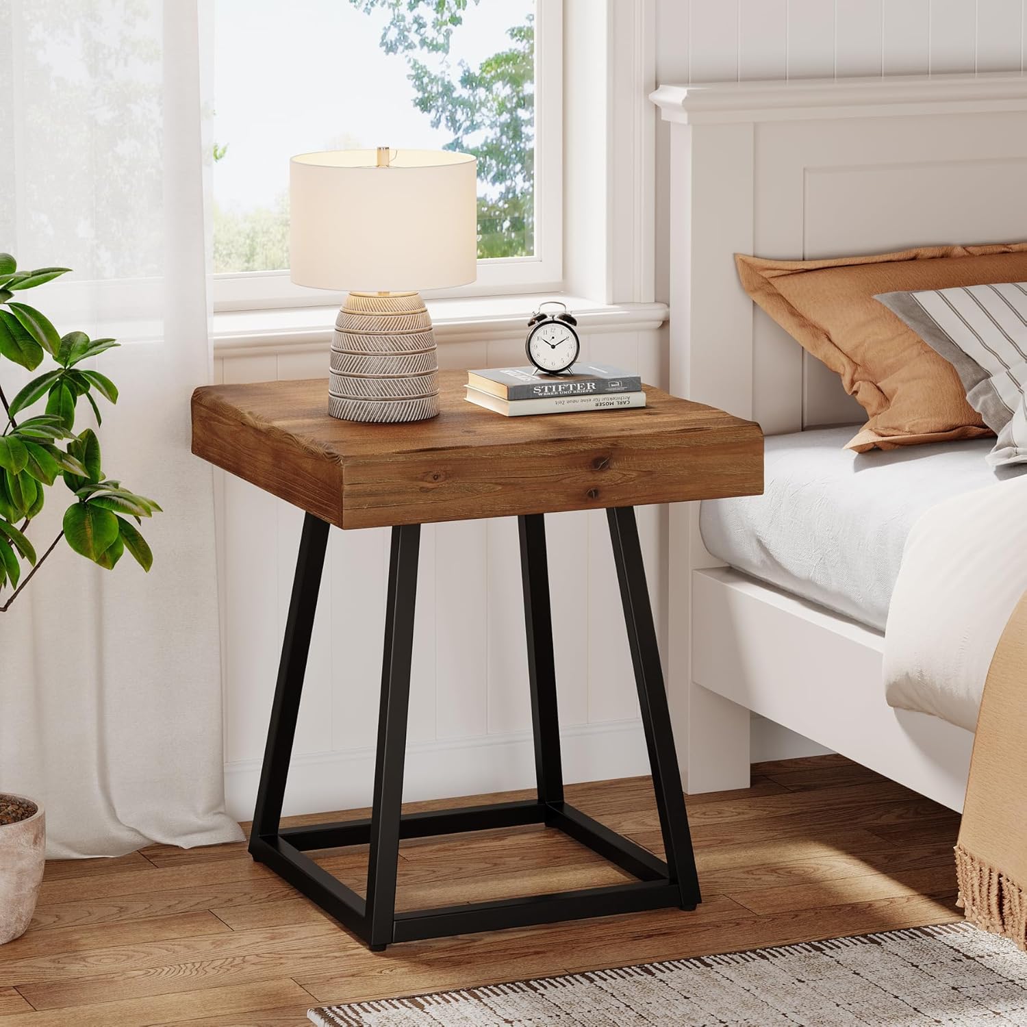 Amazon.com: TRIBEWOOD Solid Wood Nightstand with Metal Frame ...