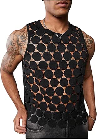 SHENHE Men's Sheer Tank Top Sleeveless Hollow Out Appliques Crew Neck ...