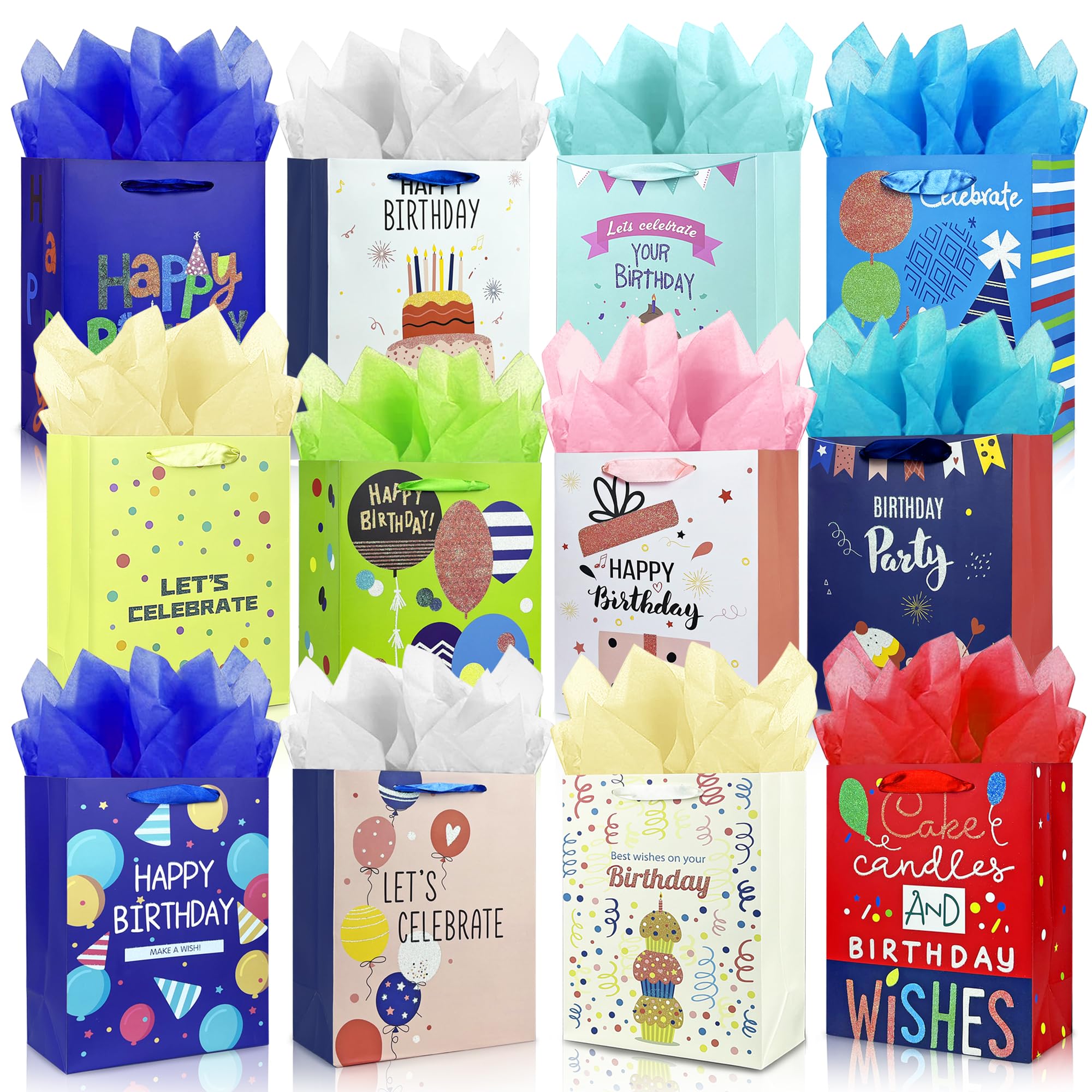 Amazon.com: MUMULULU 12 Pack Birthday Gift Bags with Ribbon Handle and ...