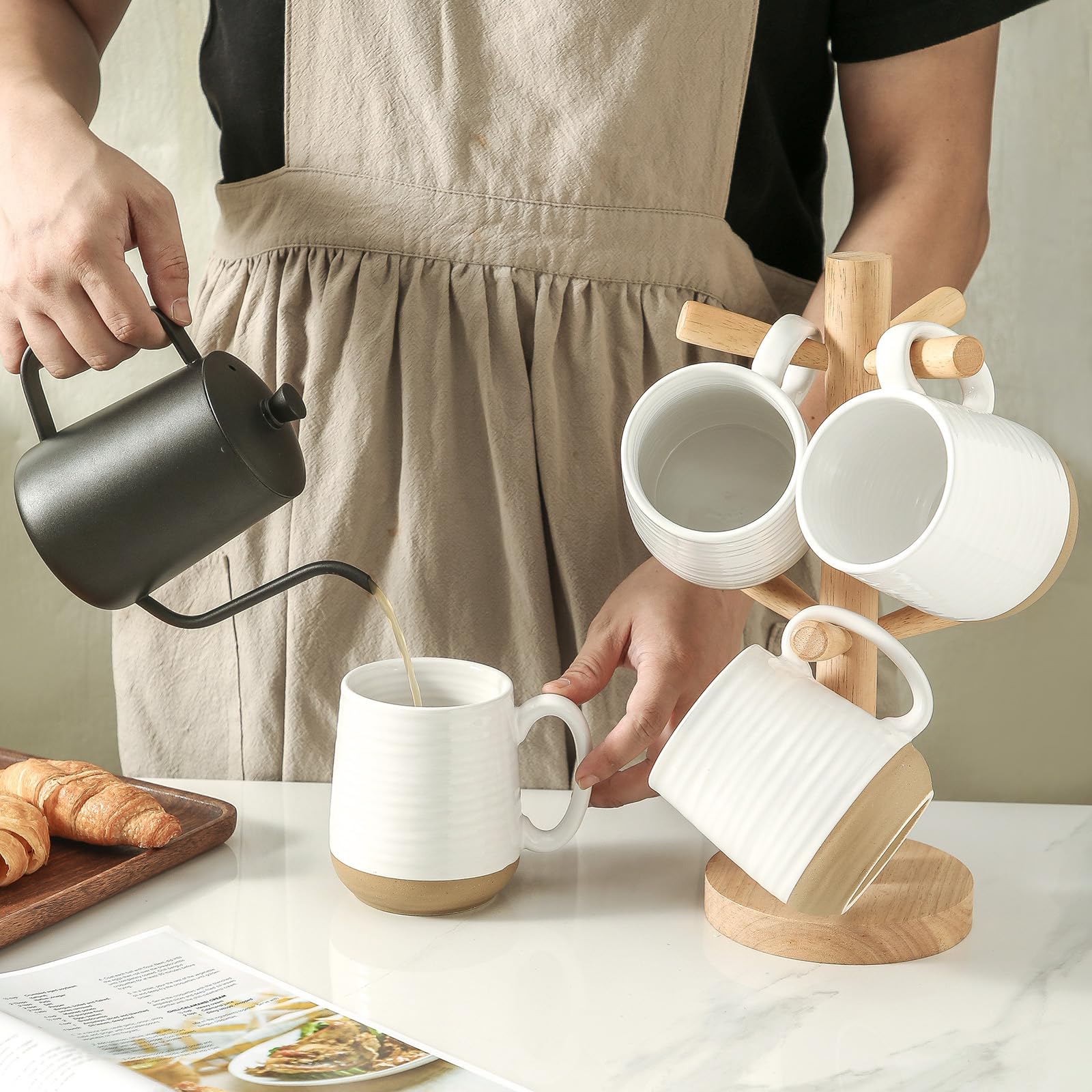 Coffee Mugs Set Set Of 4 Large With Stand, 15 Oz Stackable, Embossed ...