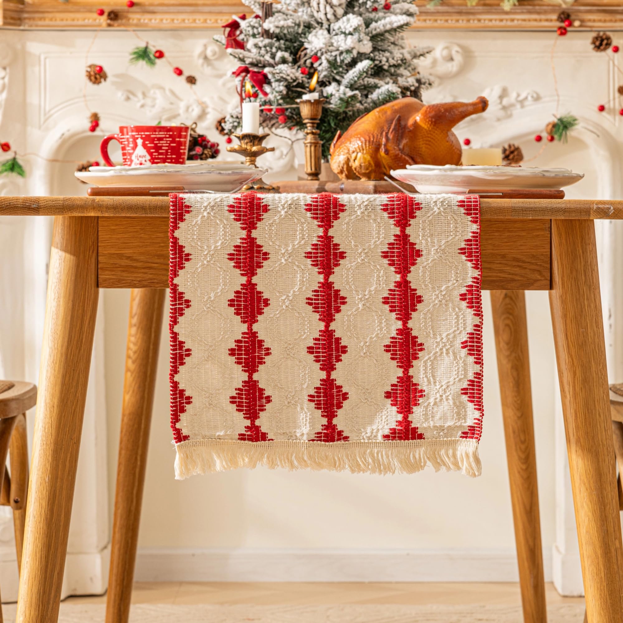 Amazon.com: Christmas Boho Macrame Red Table Runner, Linen Woven ...