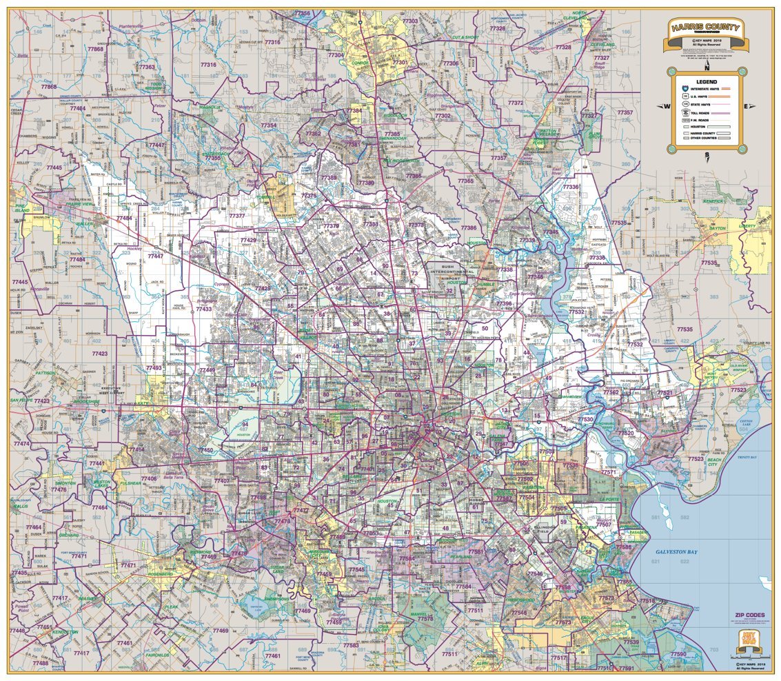 Greater Houston/Harris County Laminated Wall Map w/Zip Codes ...