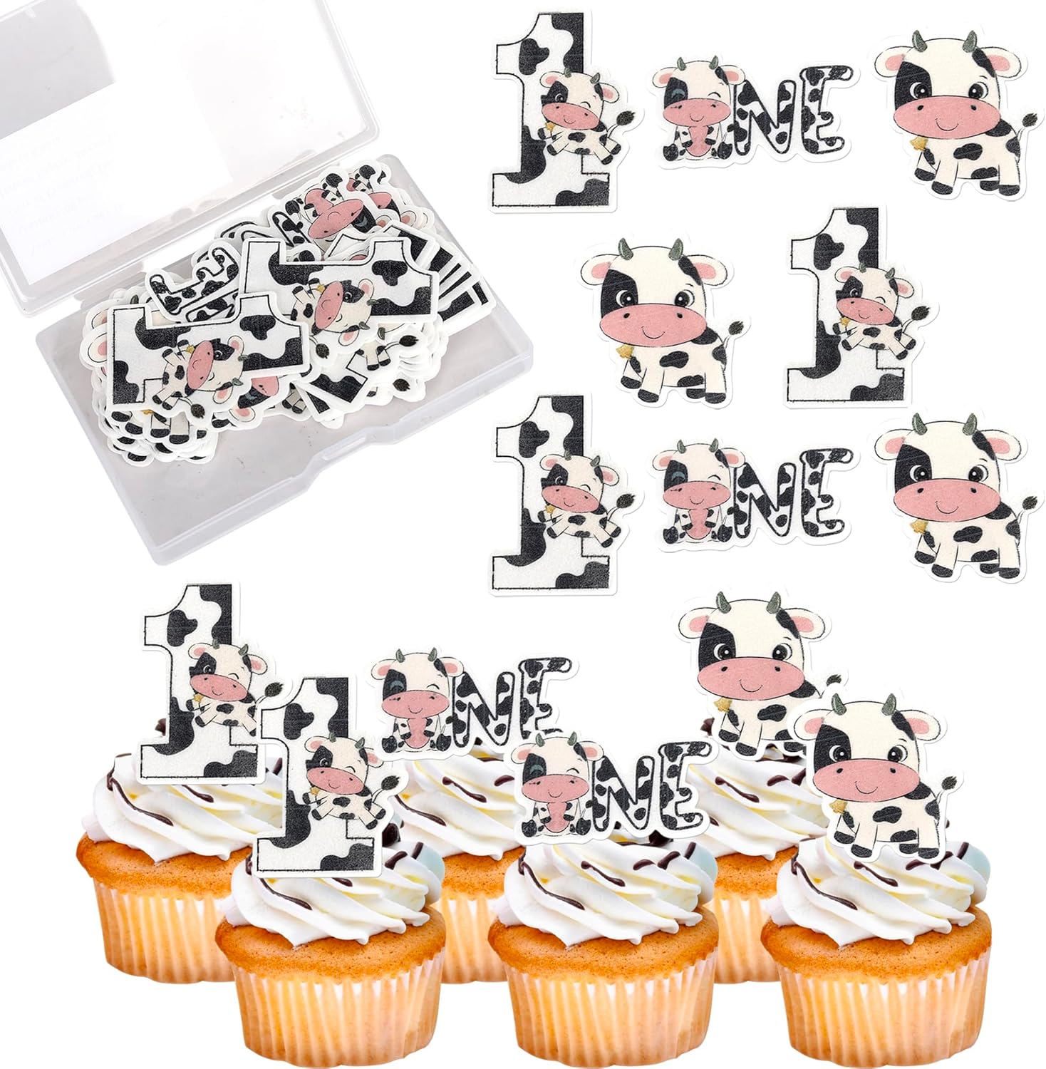 Amazon.com: Rsstarxi 60 Pack Edible Cow 1st Birthday Cupcake Toppers ...