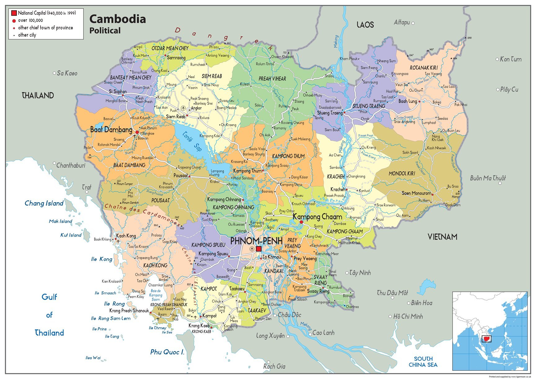 Political Map of Cambodia - Size A1-59.4 x 84.1cm - Paper Laminated ...