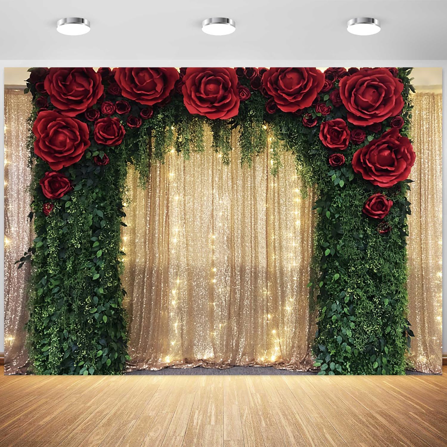Amazon.com : 7x5ft Wedding Backdrop Red Rose Flowers Gold Sequin Wall ...