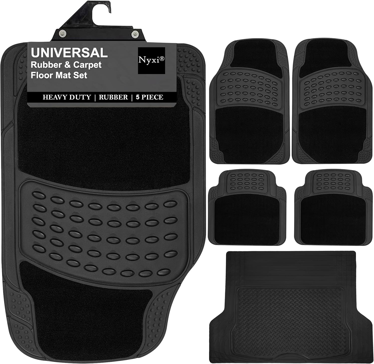 Nyxi 5 Piece Rubber Car Mat XL Boot Mat Font Rear Boot Mat 137cm X 110cm Universal Non