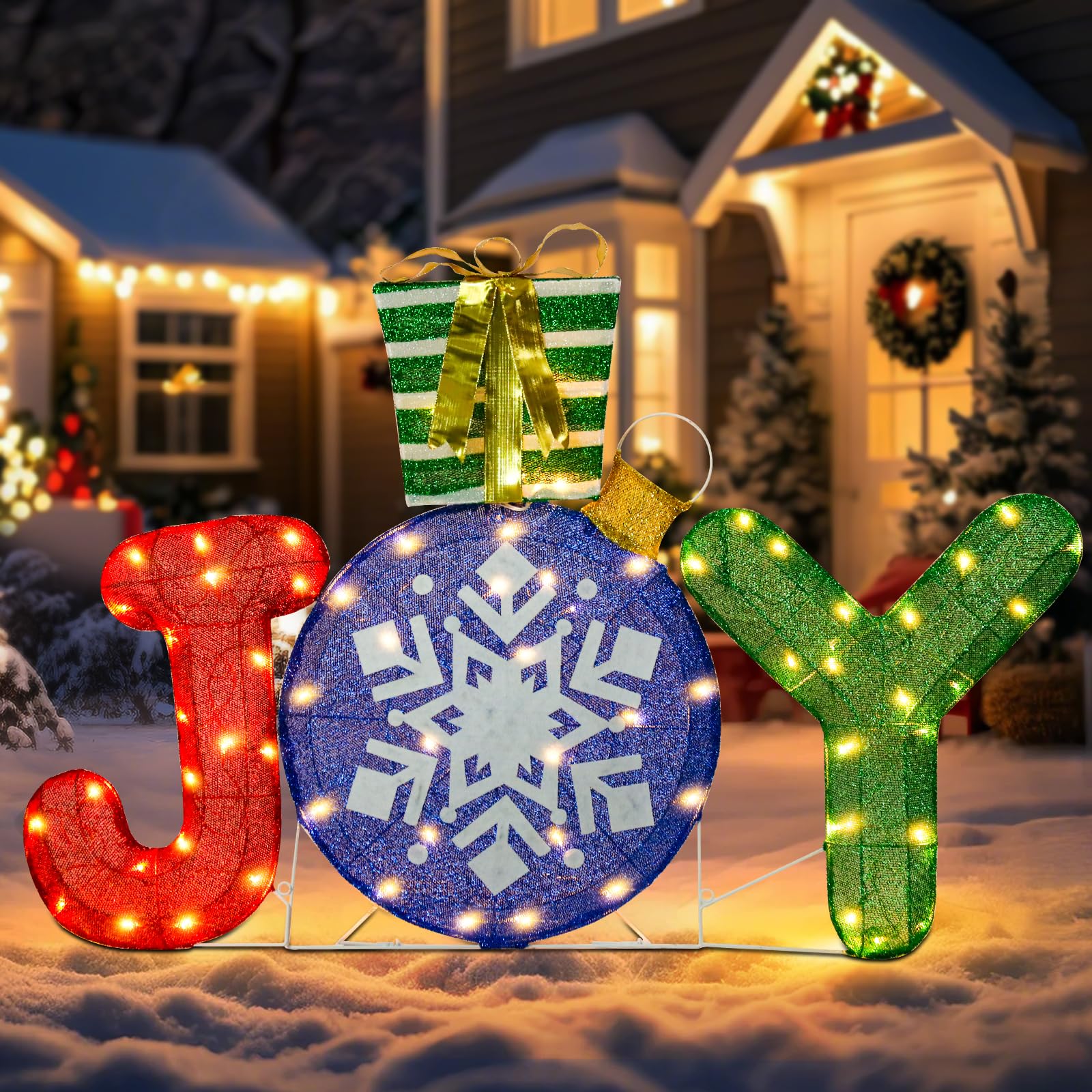 Amazon.com: Lighted Christmas Joy Outdoor Pre-lit 3D Joy with Gift Box ...