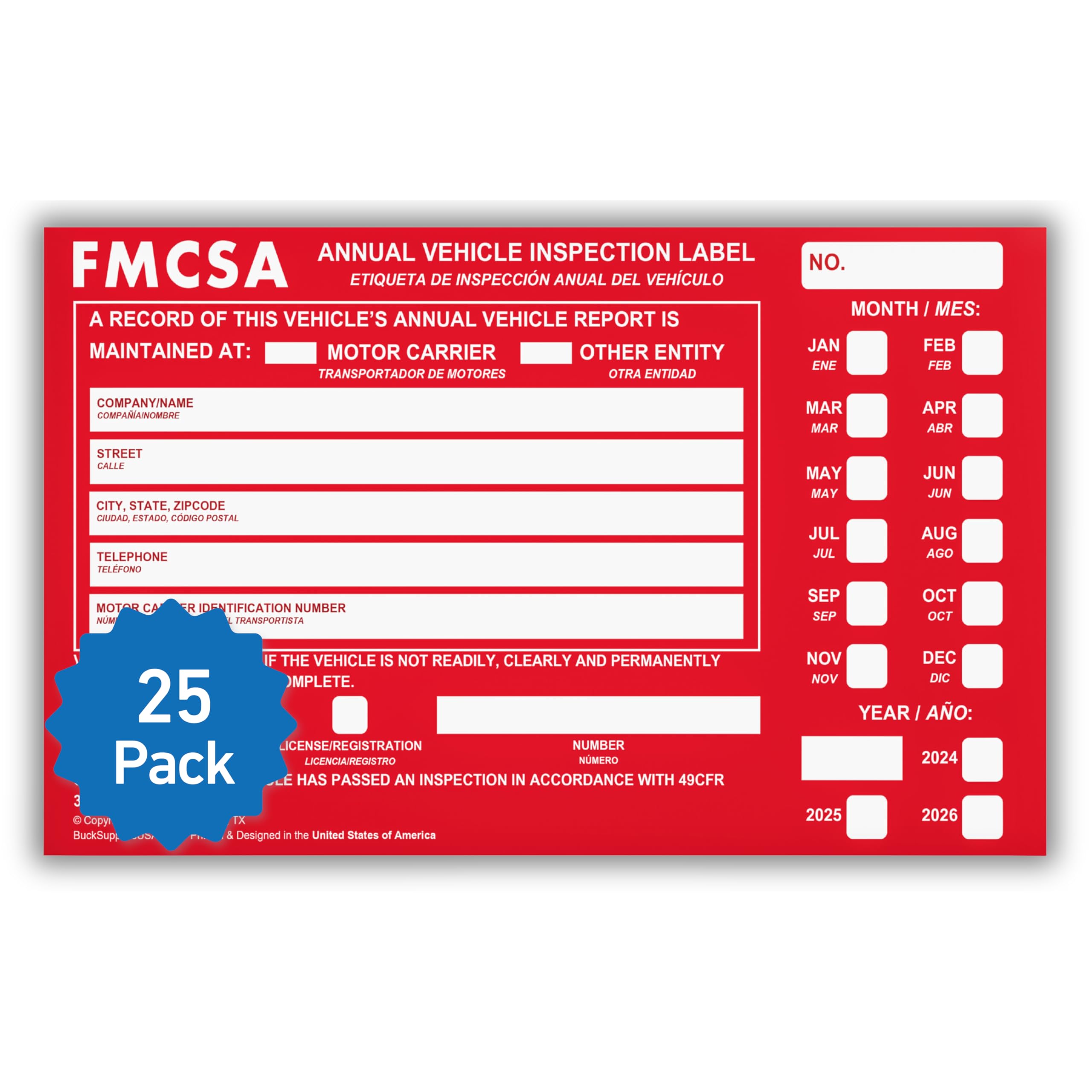 25 Pack Buck Annual Vehicle Inspection Label, 2-Ply Adhesive