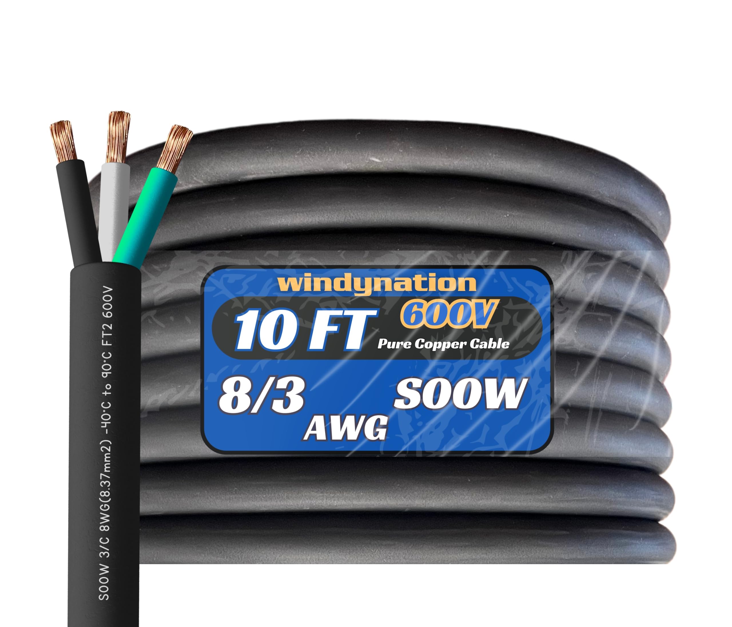 Snapklik.com : 10 Feet 8/3 SOOW Cable Cord Wire - 8 Gauge 8 AWG 3 Conductor 600V Portable Power ...
