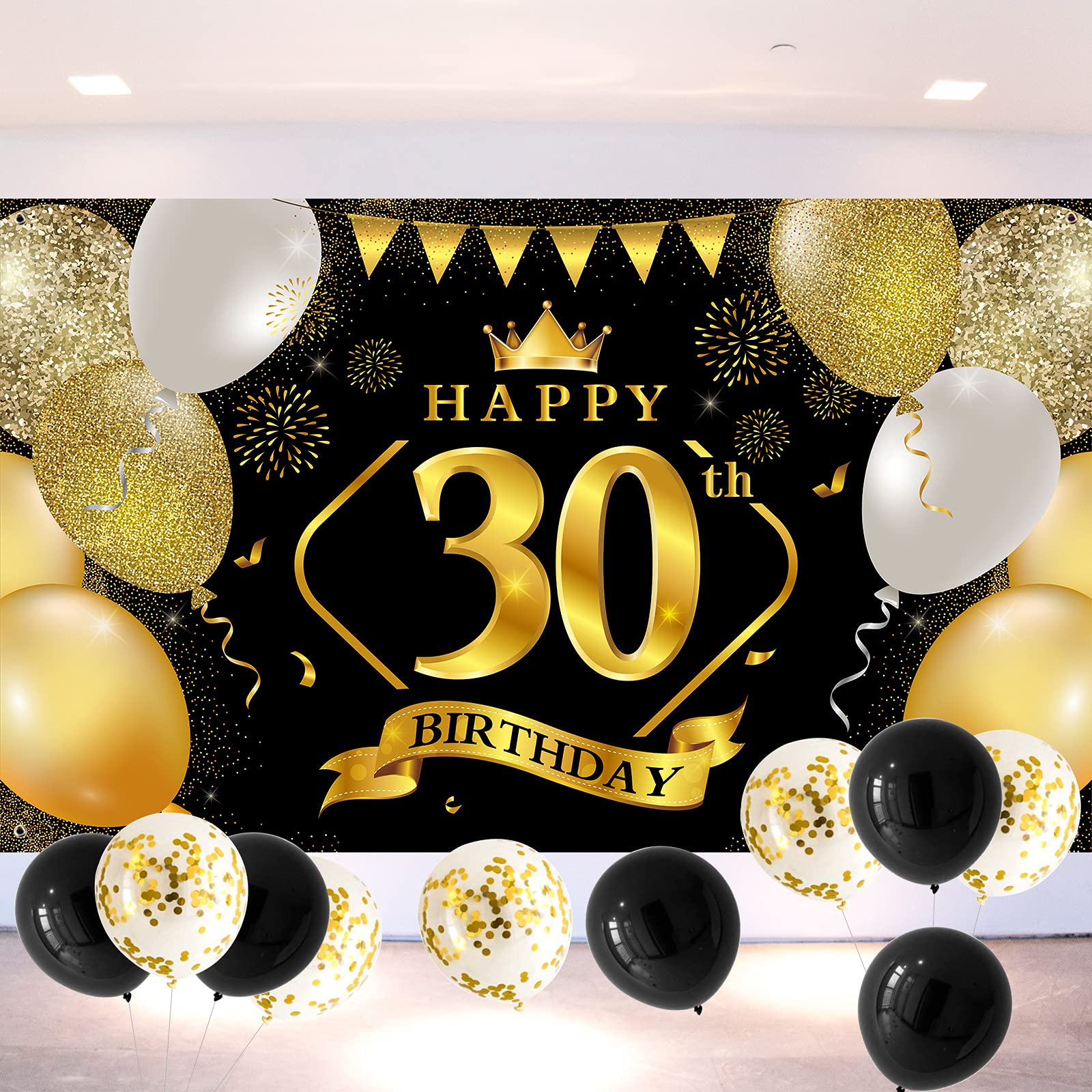 Buy 30th Birthday Decoration Backdrop Banner, Black Gold Extra Large ...
