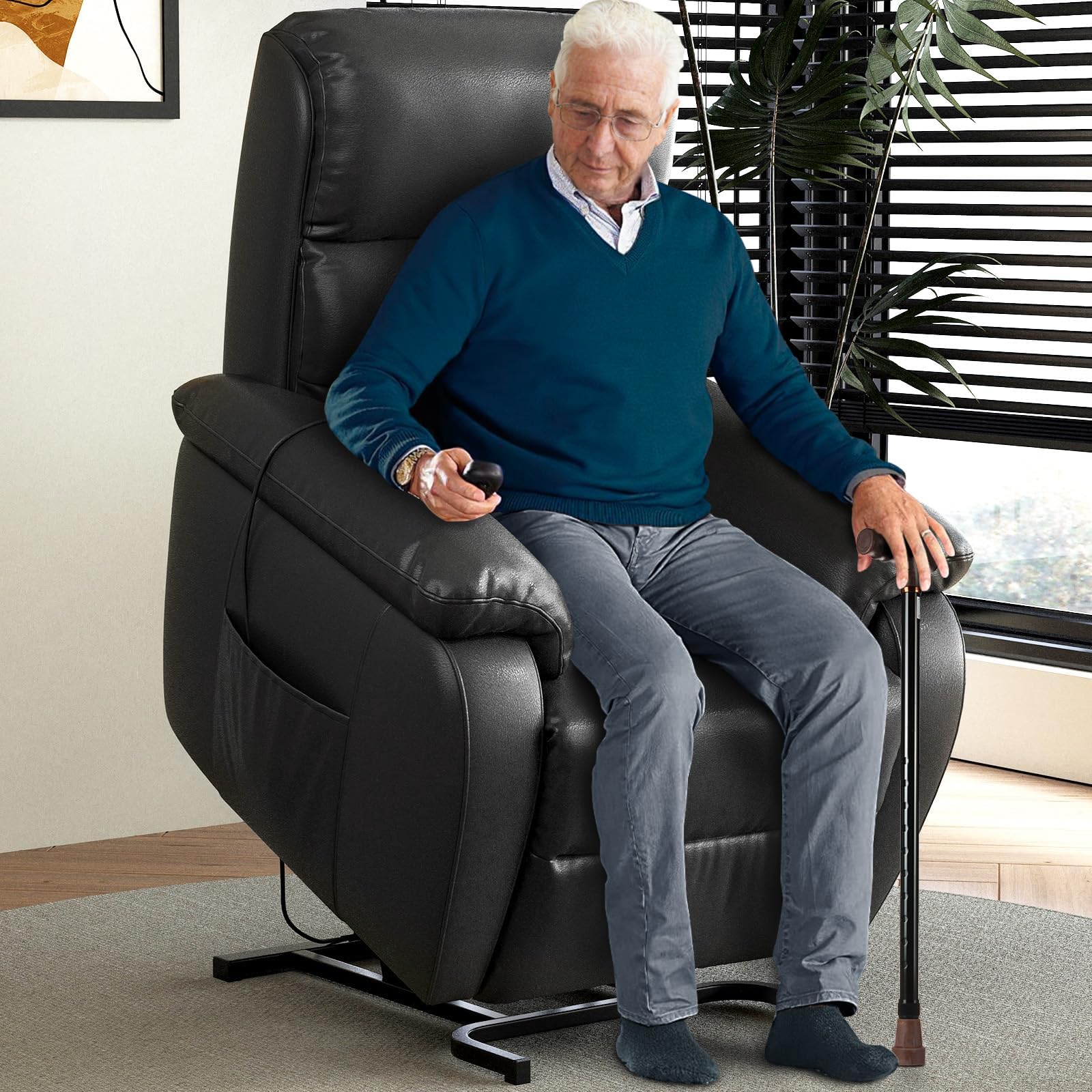 Amazon.com: One Touch Reset Leather Electric Power Lift Recliner with ...