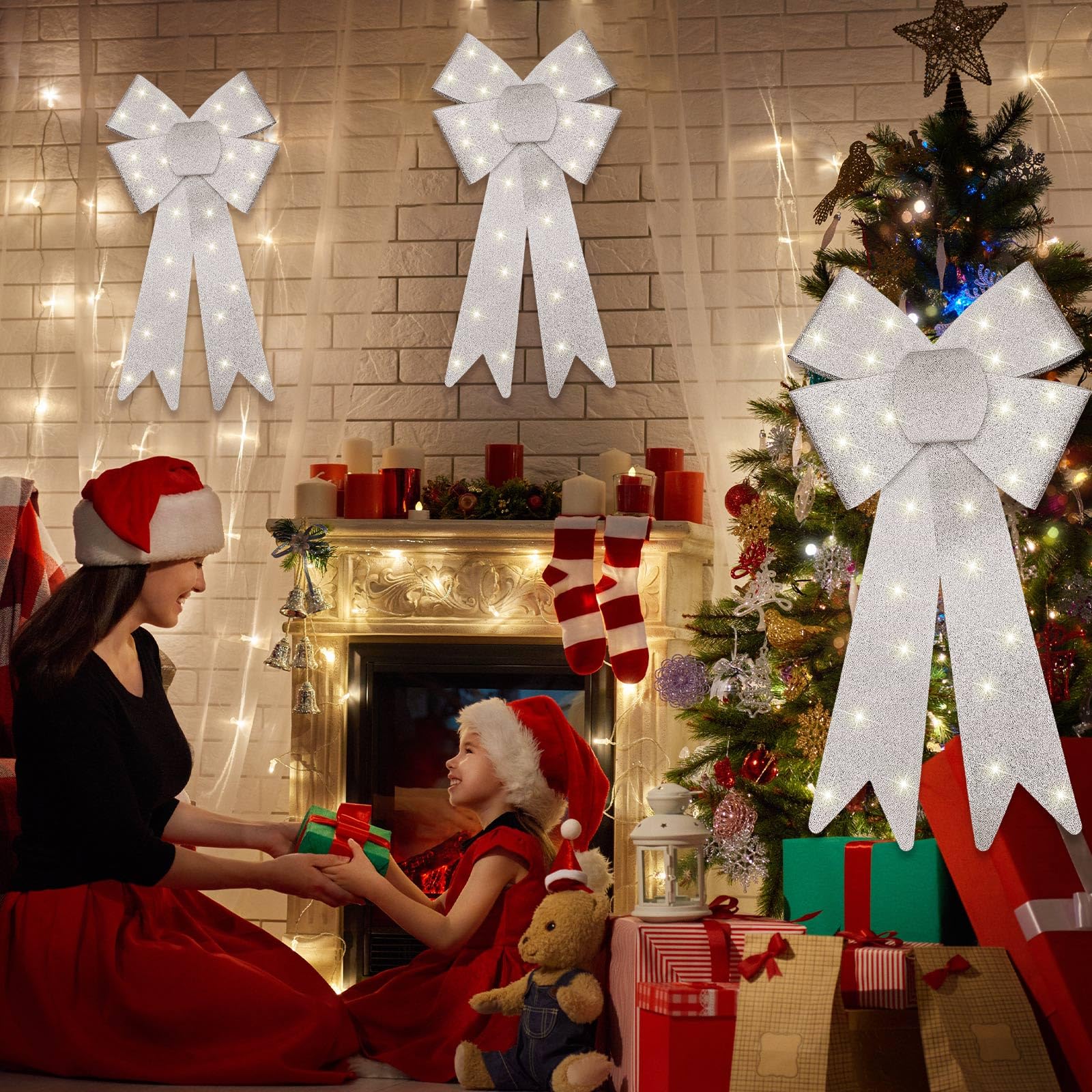 Liliful 3 Pcs LED Christmas Wreath Bow Outdoor Lighted Bows 18 x 10 ...