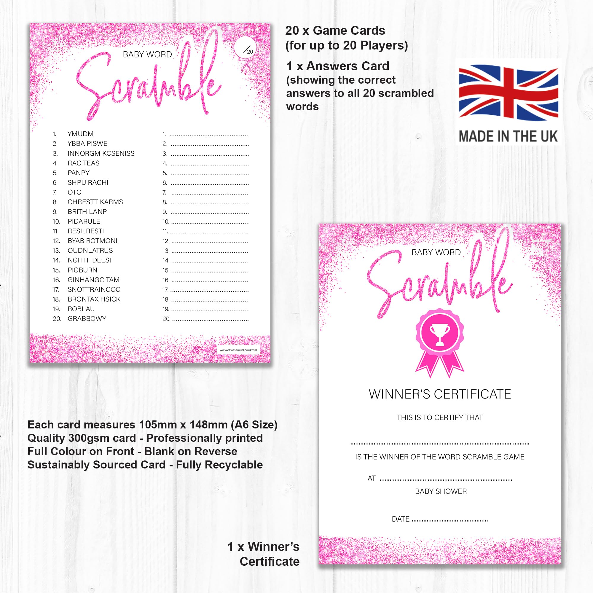 20 X Word Scramble Baby Shower Game - Botanicals Design (20
